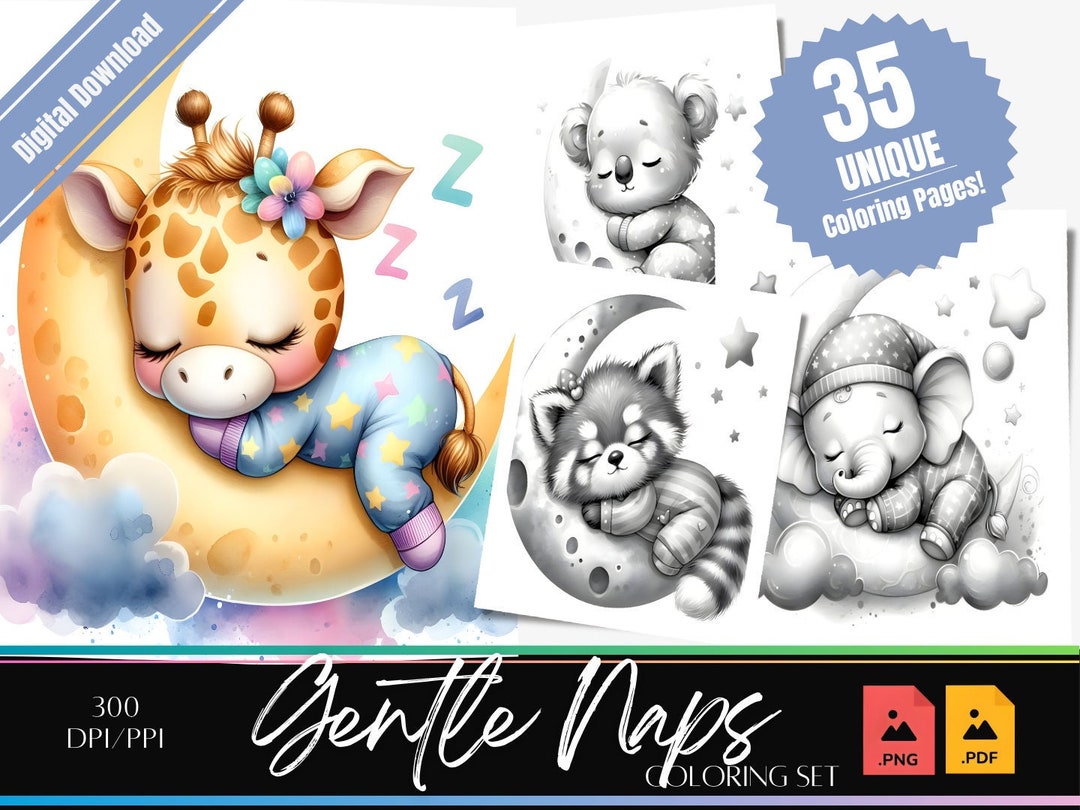 35 Cute Animals Coloring Book | Sleeping Over the Moon | Grayscale ...