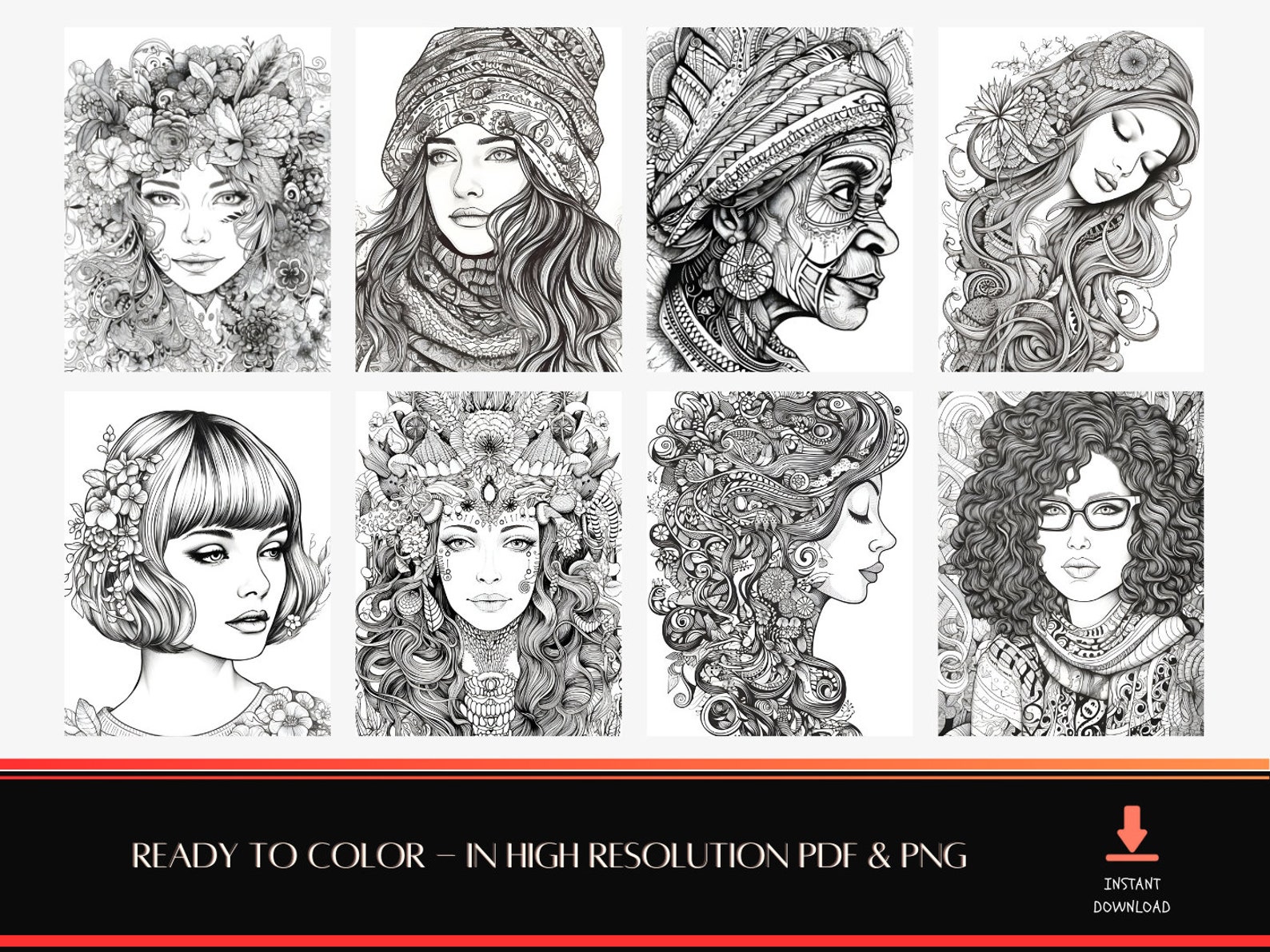 Women Faces Coloring Book | 33 Grayscale Printable Pages (PDF) - Etsy