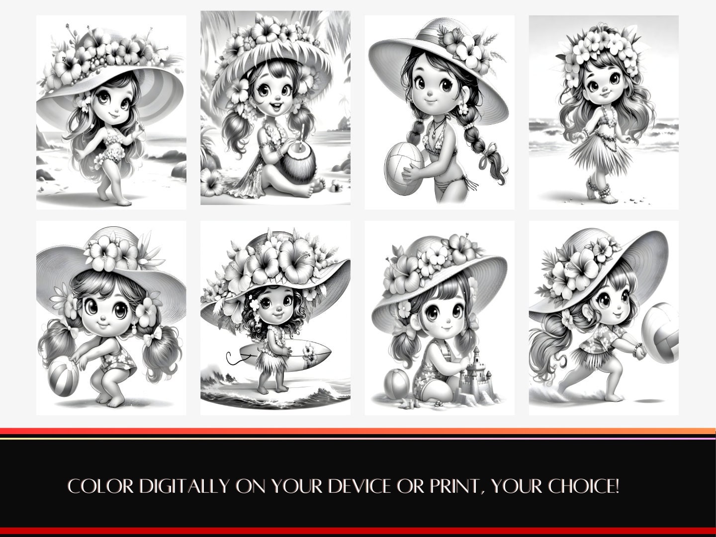 36 Beach Girls Coloring Book | Flowers | Printable Adult Kids Coloring ...