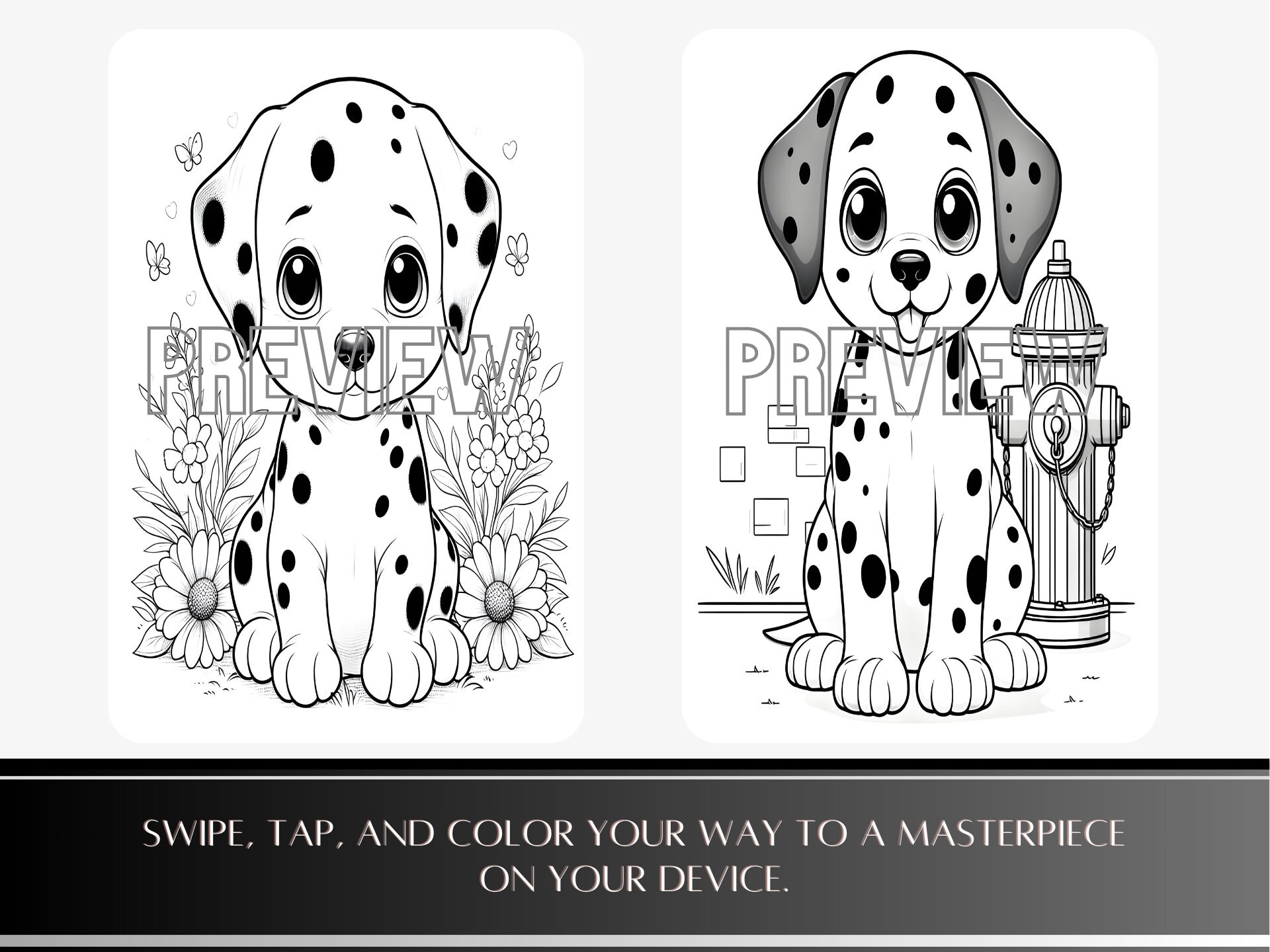 6 Cute Dalmatian Puppies | Grayscale Coloring Pages | Printable Adult ...