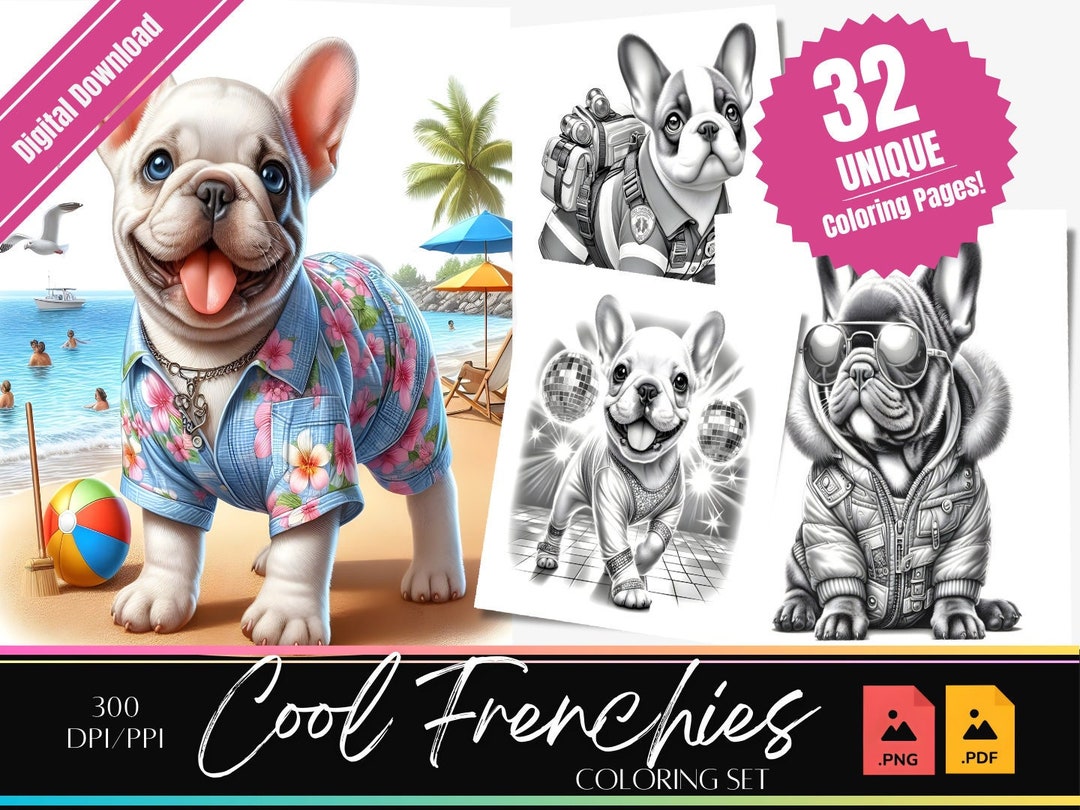 32 Cute French Bulldogs Coloring Book | Grayscale Coloring Pages ...