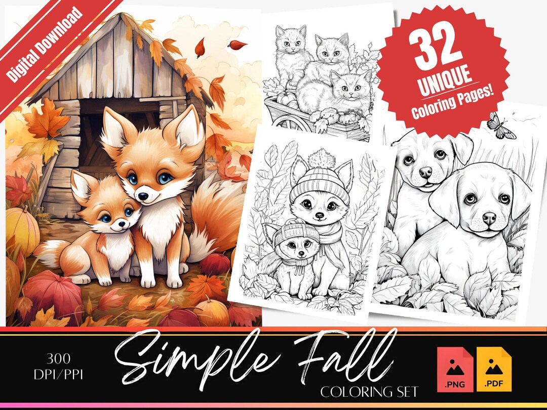32 Simple Fall Coloring Pages | Coloring Book | Digital Download ...
