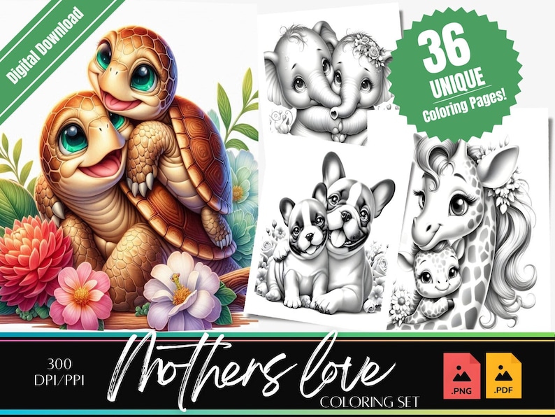 Animal Mothers Coloring Book | 36 Cute Grayscale Pages (printable PDF ...