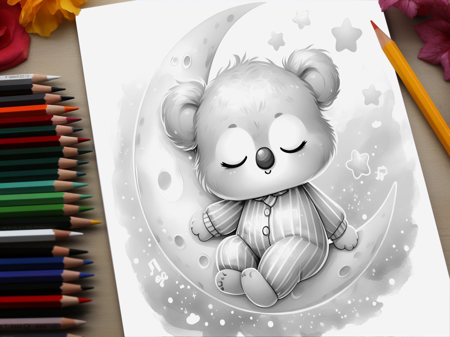 35 Cute Animals Coloring Book | Sleeping Over the Moon | Grayscale ...