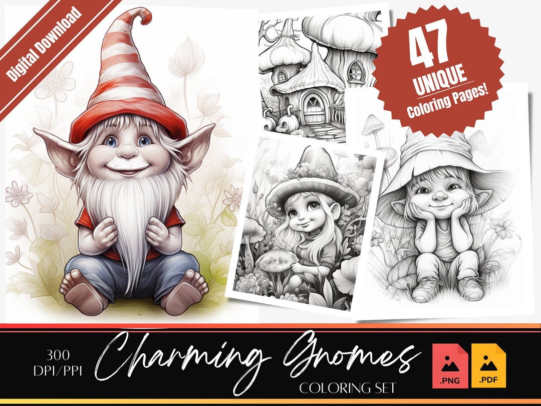 47 Gnomes Coloring Set | Coloring Book | Printable Adult Kids Coloring ...