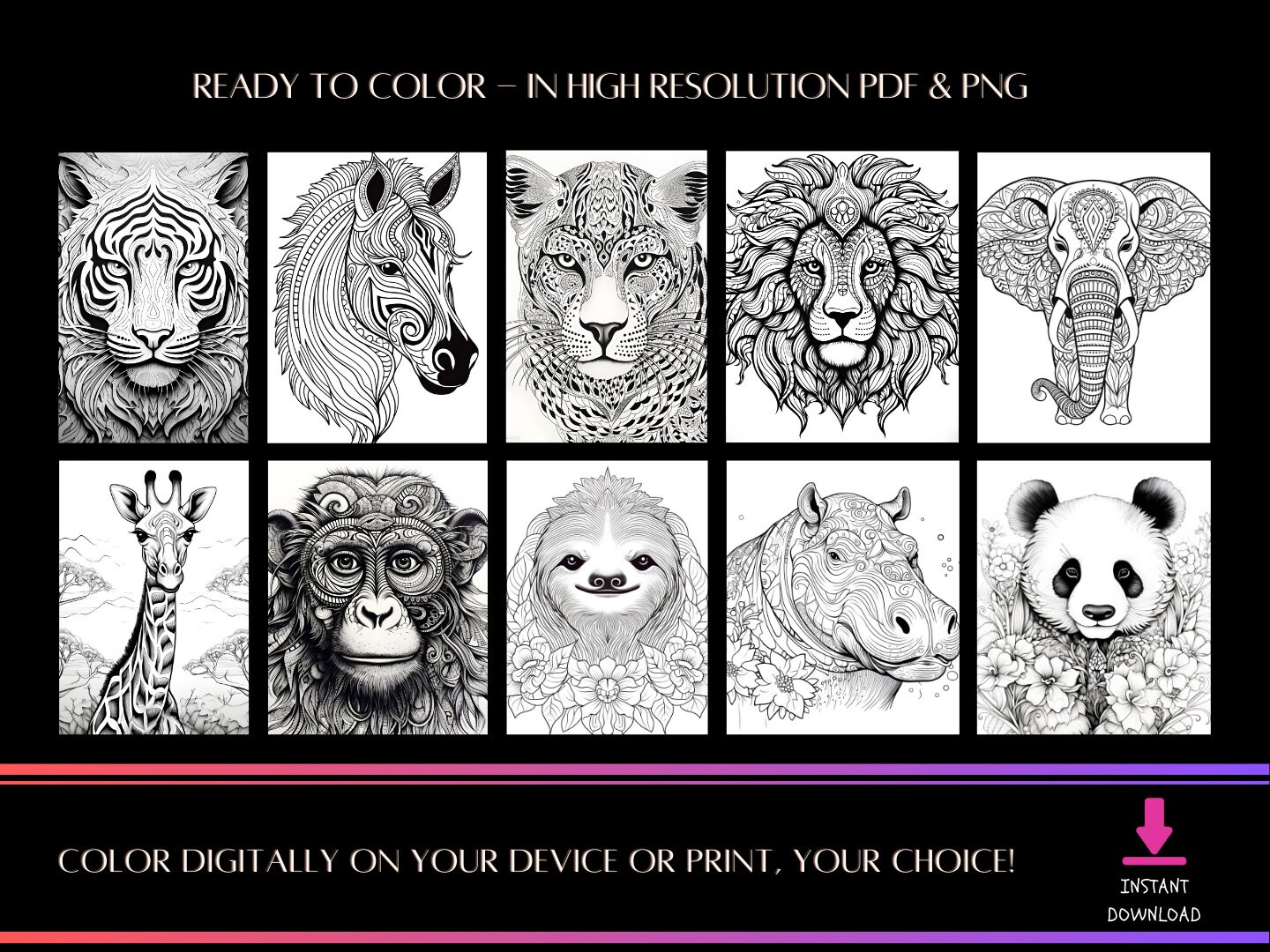 42 Wild Animals Coloring Page Set Coloring Book, Adults Kids, Instant ...