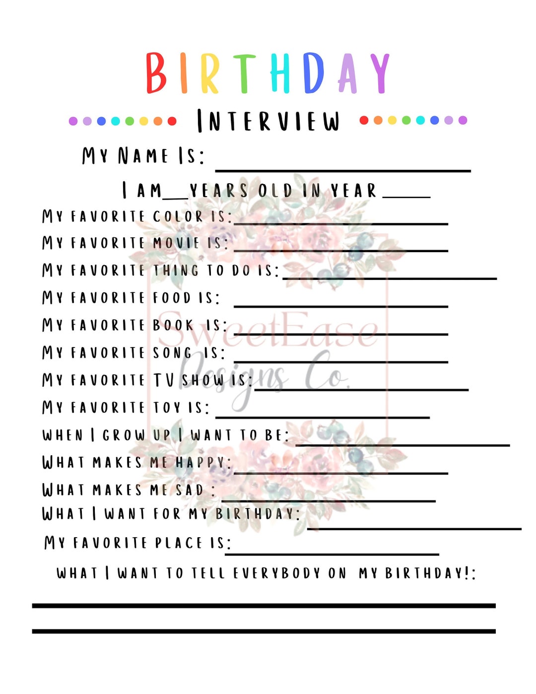 Printable Birthday Interview Worksheet - Etsy UK