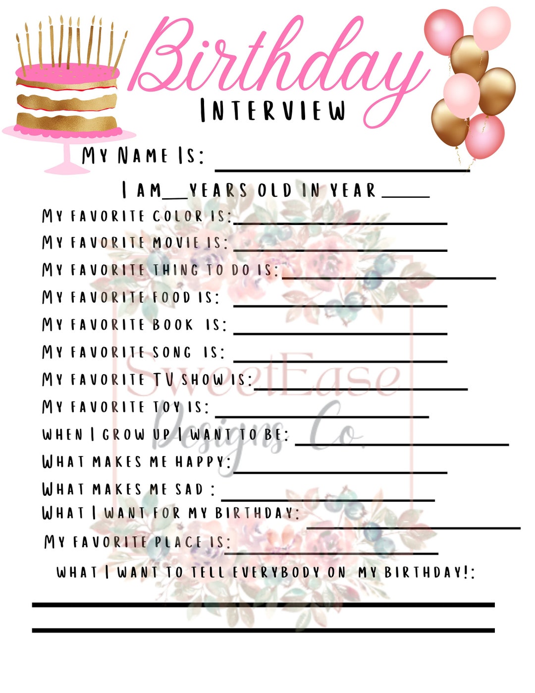 Printable Birthday Interview Worksheet - Etsy
