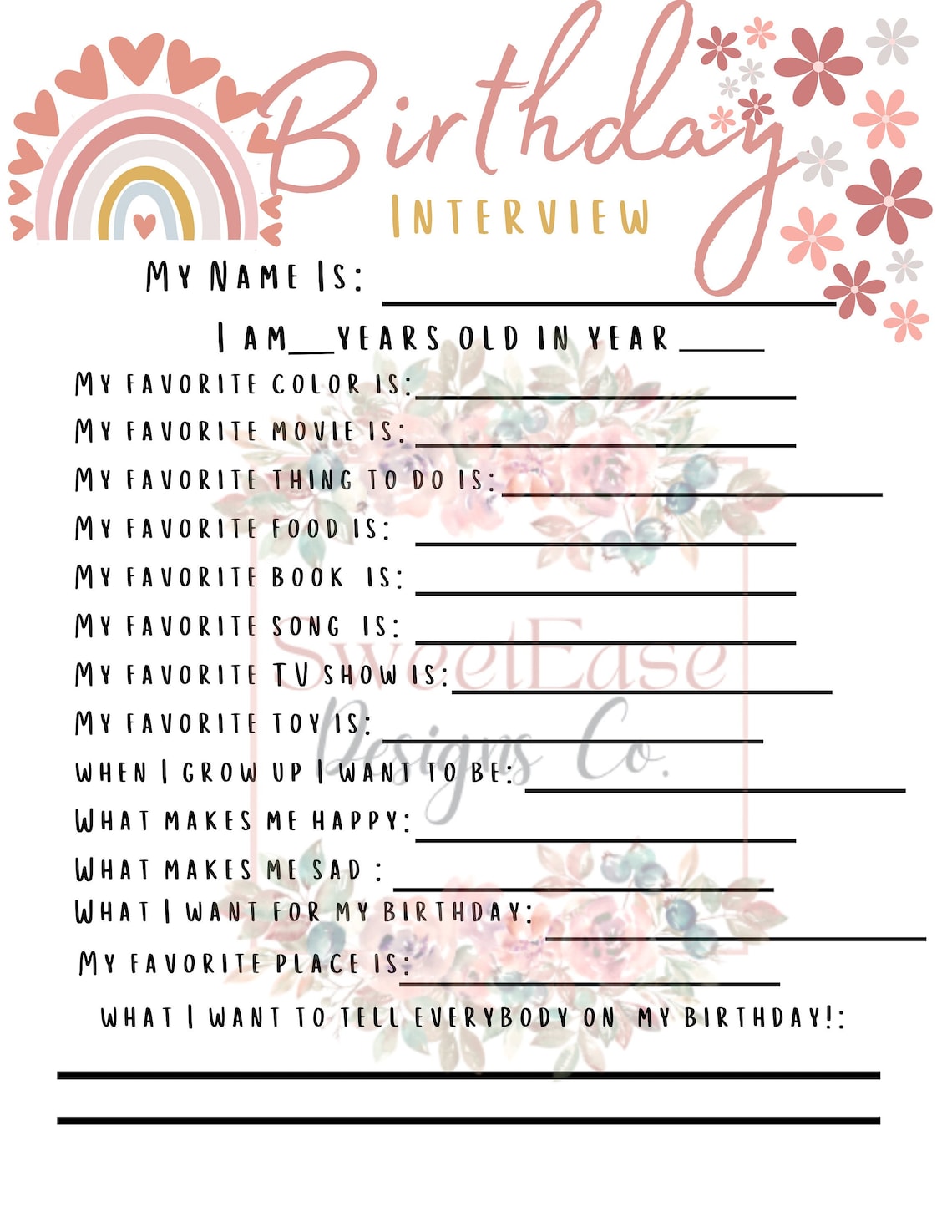 Printable Birthday Interview Worksheet - Etsy