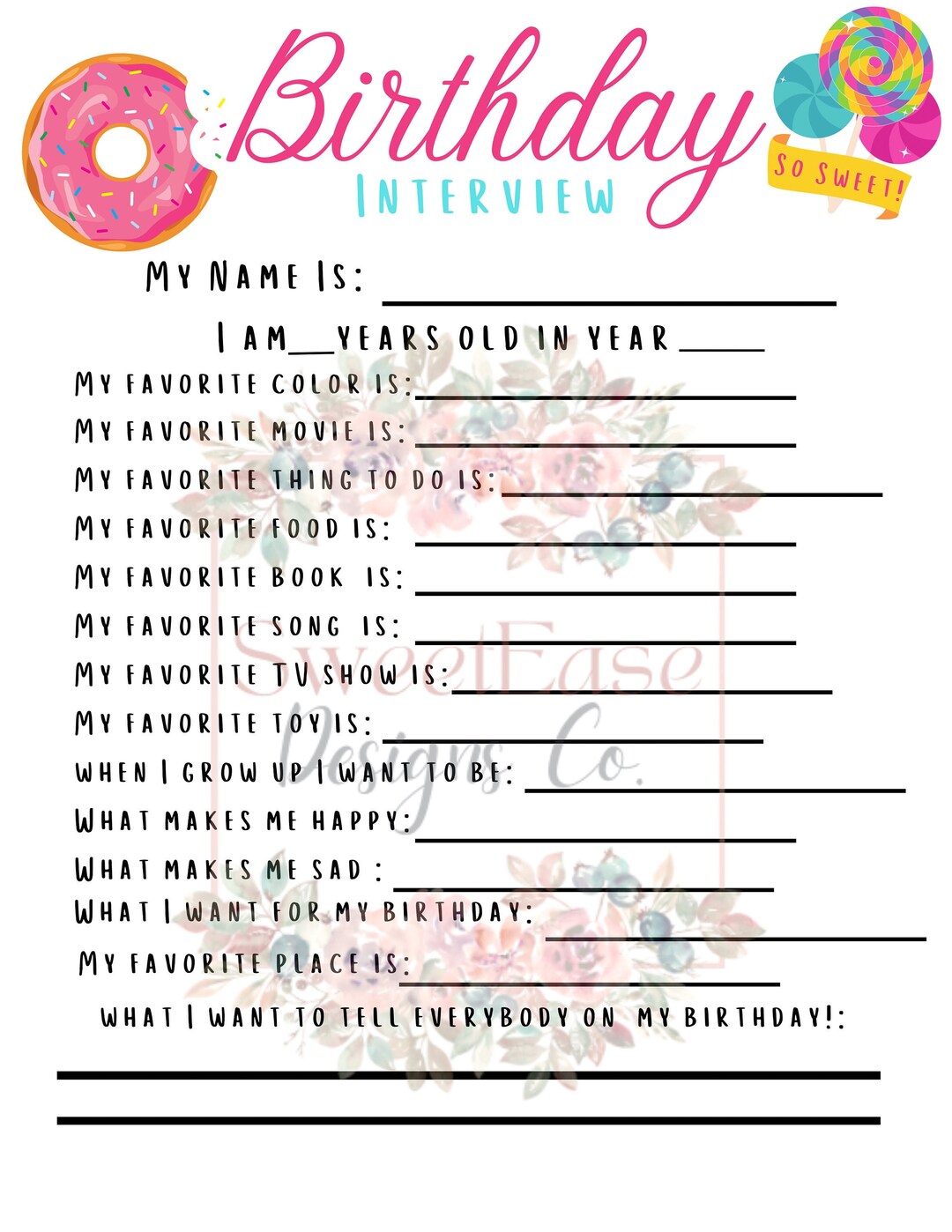 Printable Birthday Interview Worksheet - Etsy