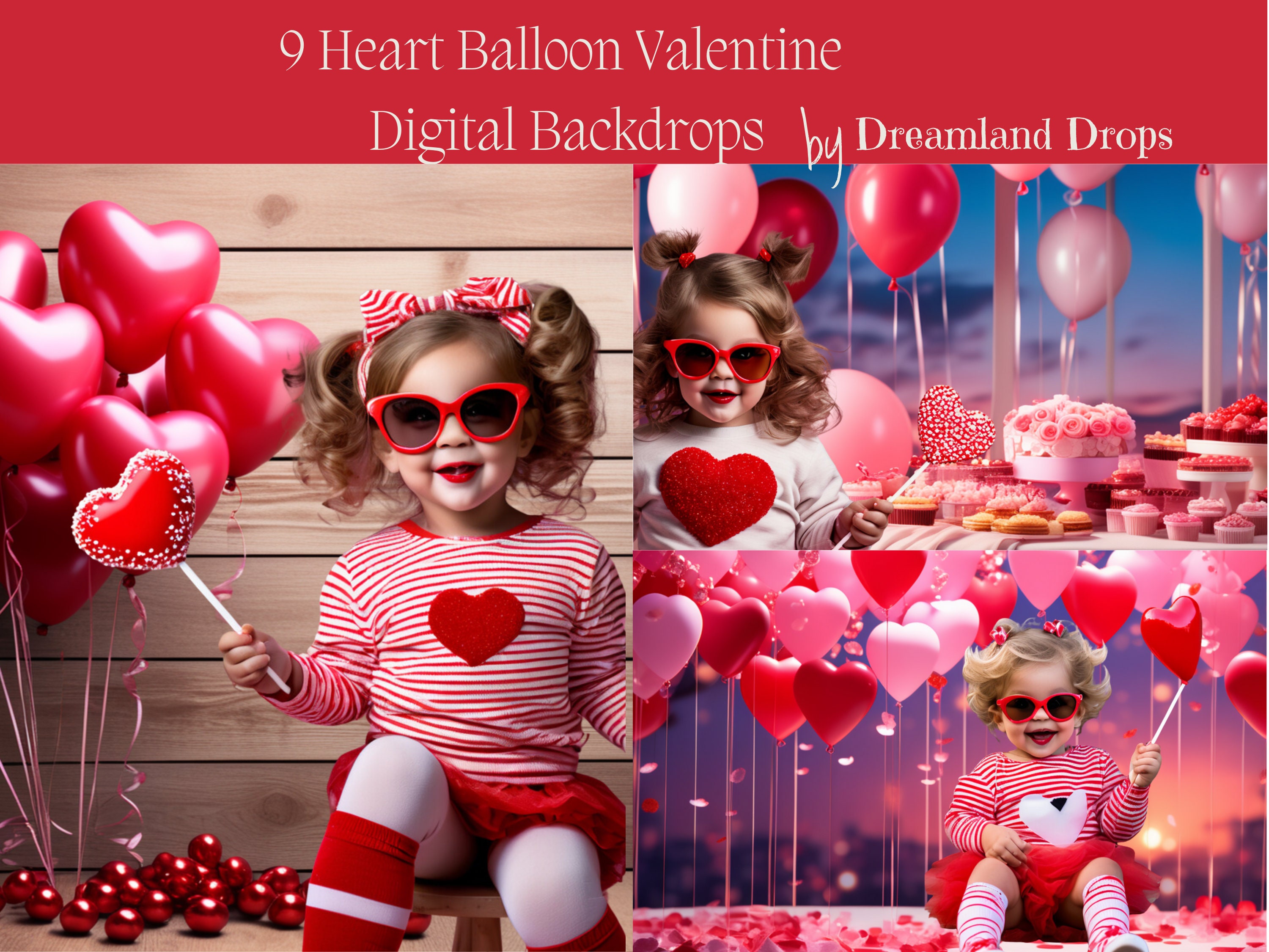 Balloon Valentine Digital Backdrop Bundle Red Heart Background ...