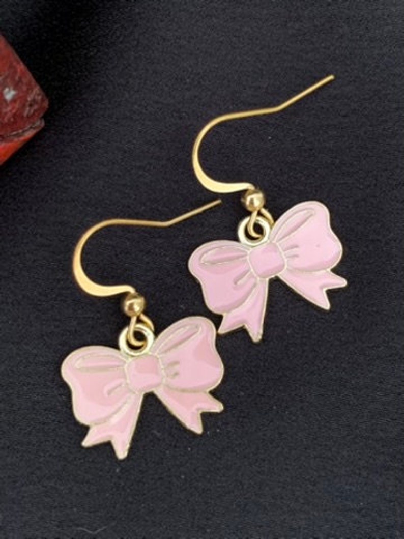 Gold Pink Bow Earrings, Stainless Steel, Cutecore, Kawaii, Dangle ...