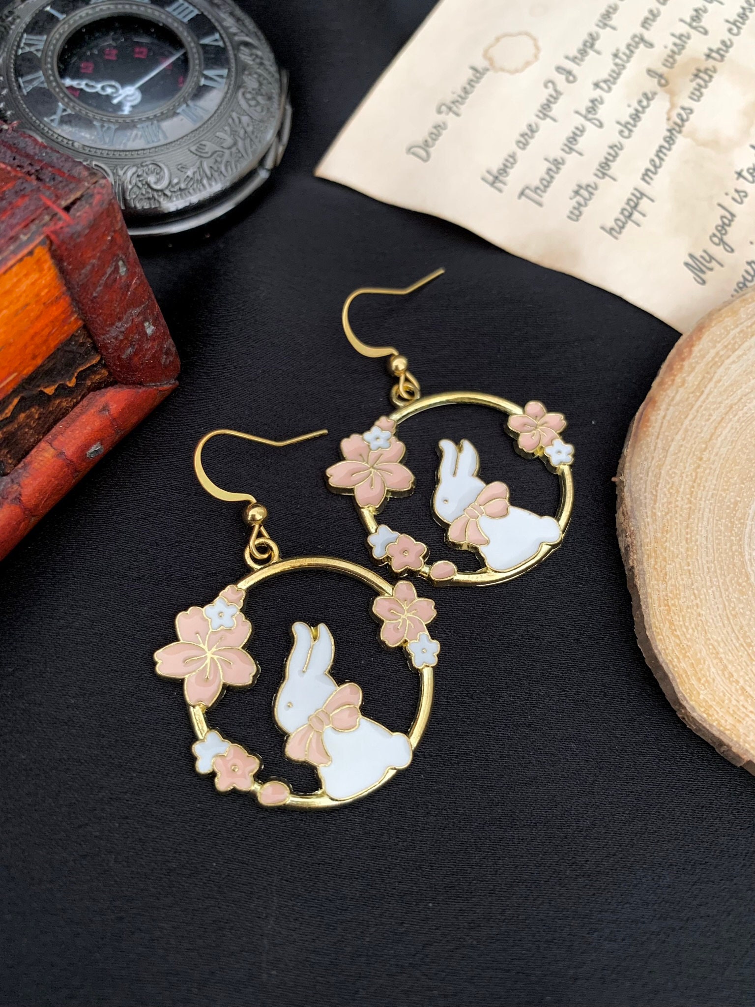 Gold Bunny Sakura Earrings, Stainless Steel, Rabbit Cherry Blossom ...