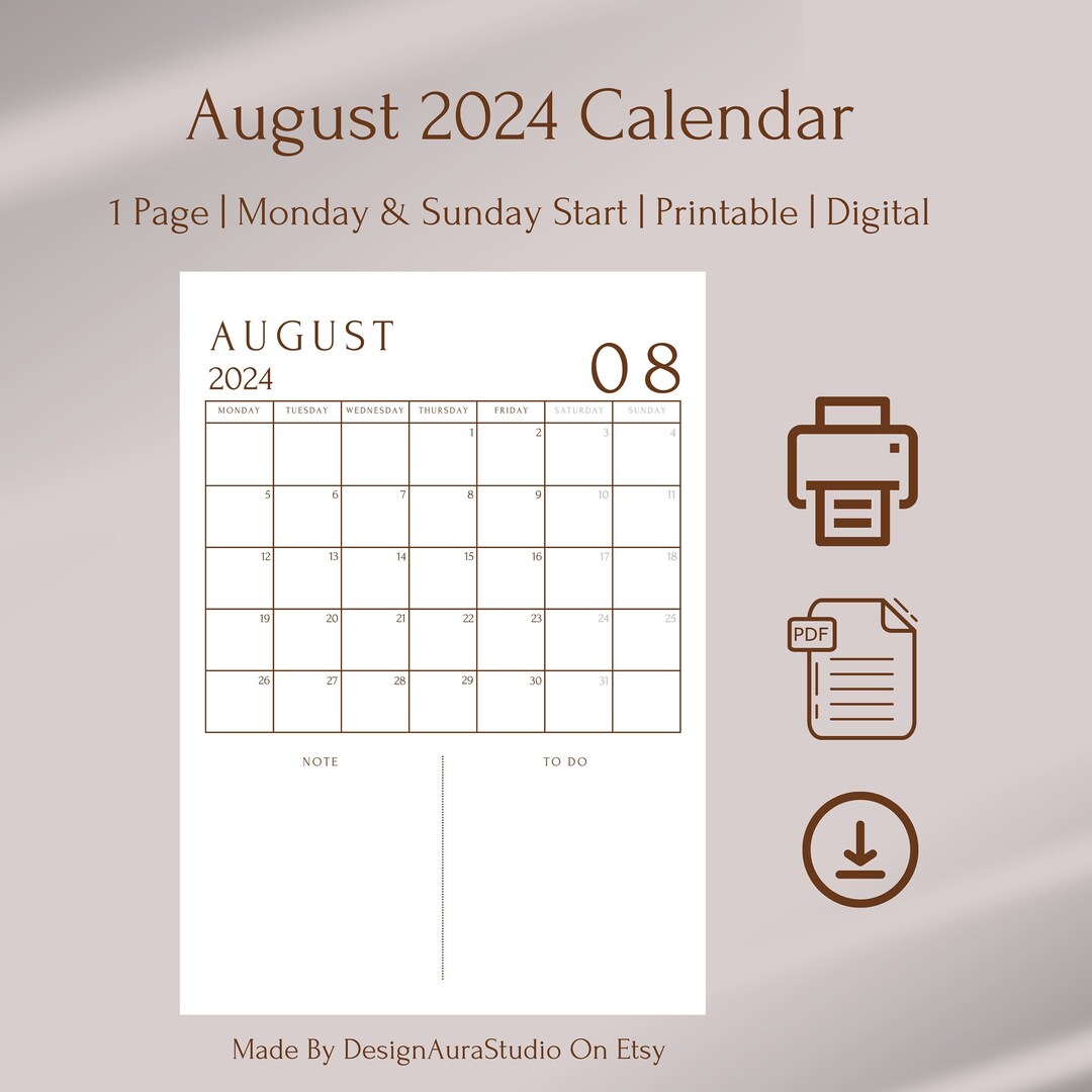 Digital August Calendar 2024, Printable August Schedule Agenda, Summer ...