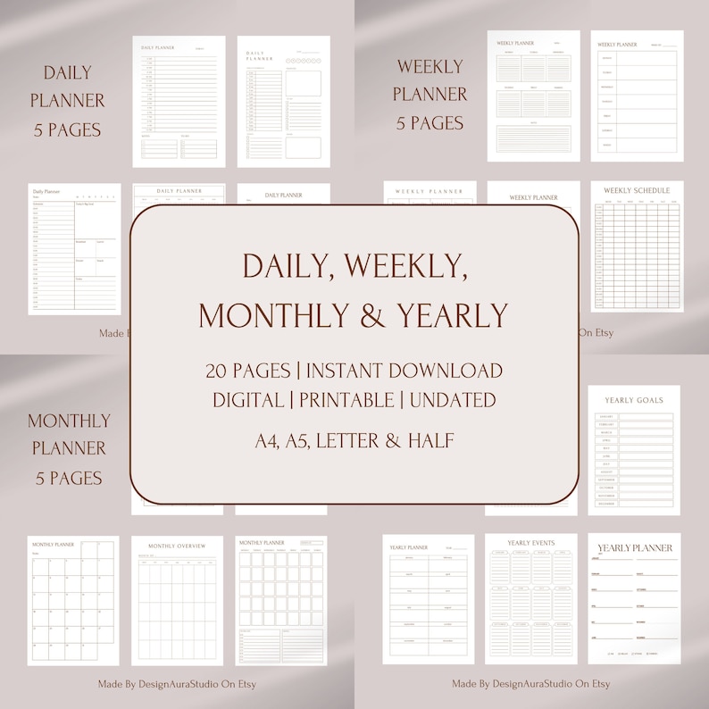 Daily, Weekly, Monthly & Yearly Planner Digital | Planner Set Printable ...