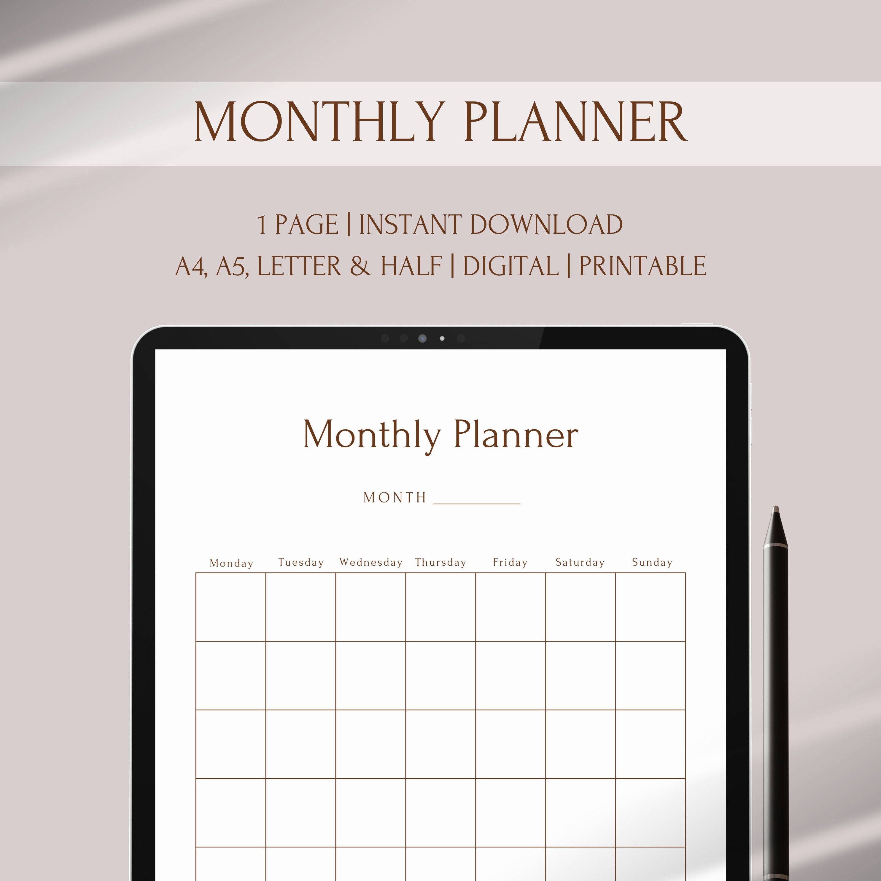 Monthly Planner Printable Landscape Undated Monthly Planner Digital ...