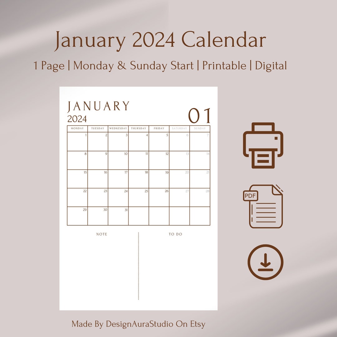 January 2024 Calendar Printable Digital January Planner Monthly ...