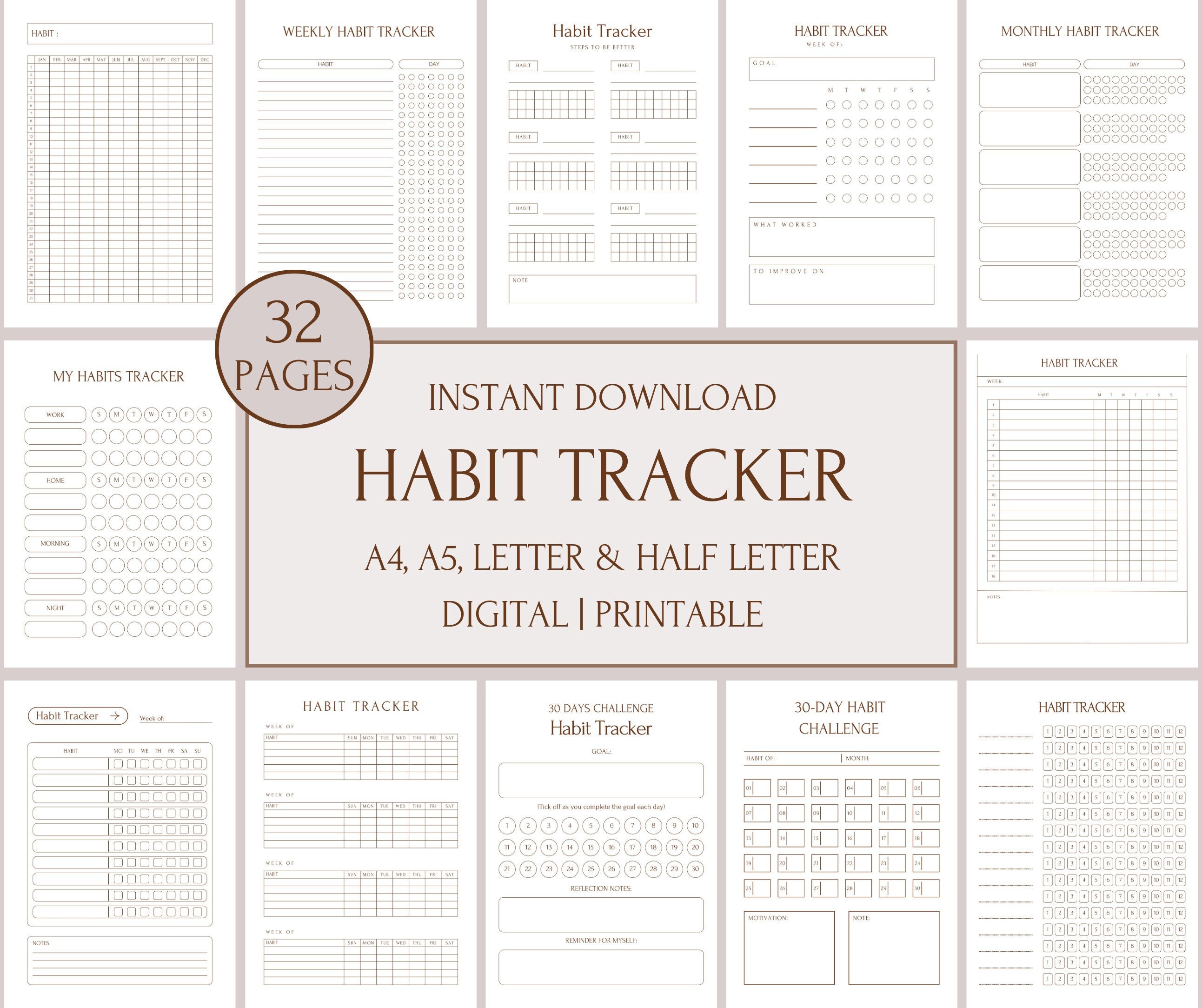 Printable Habit Tracker Set, Digital Habit Tracker Simple, Habit ...