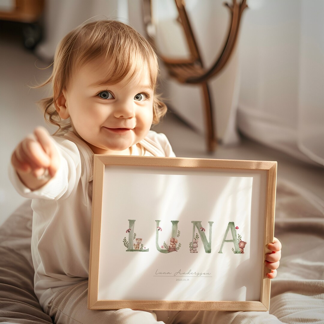 Personalized Forest Animal Name Poster for Kids Nursery, Unique Green ...