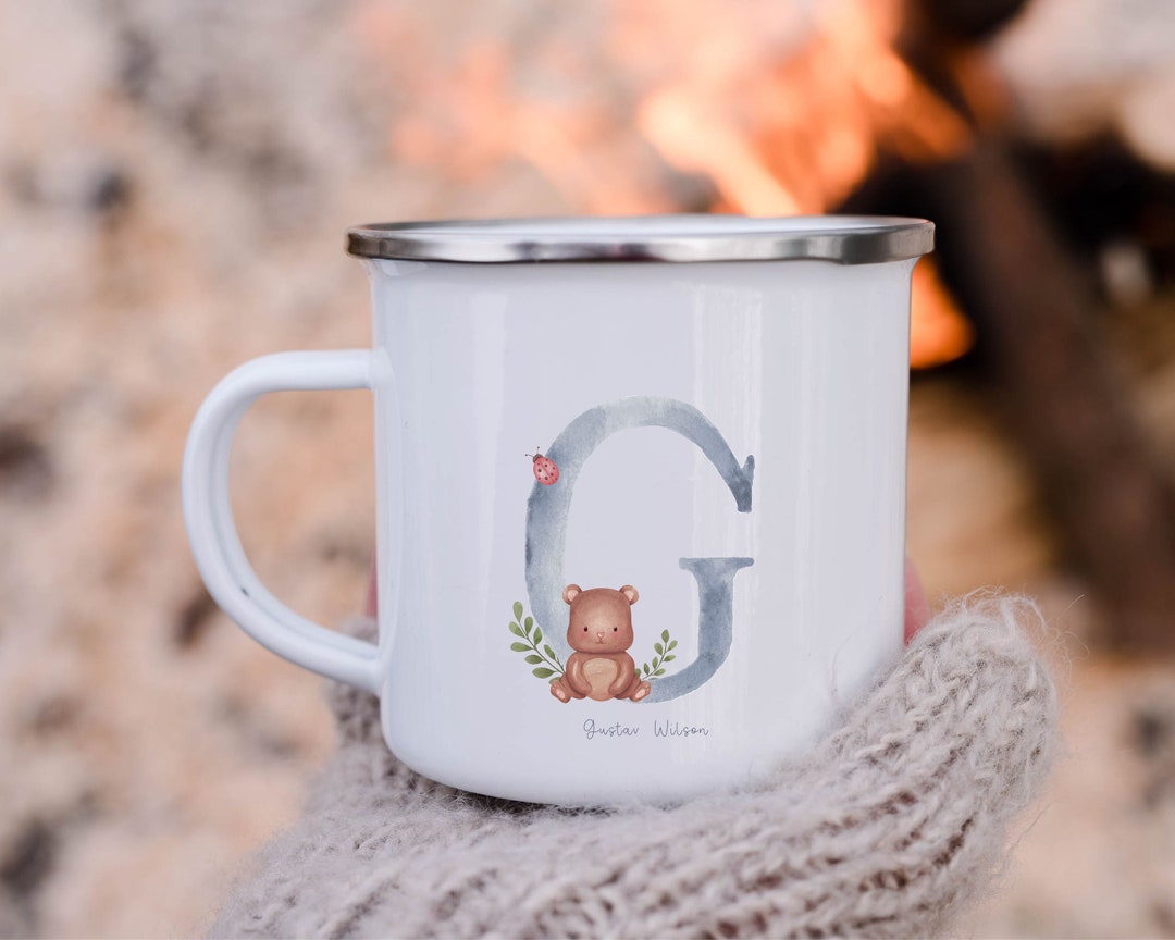 Personalized Enamel Mug With Blue Teddy Design, Custom Name Children's ...