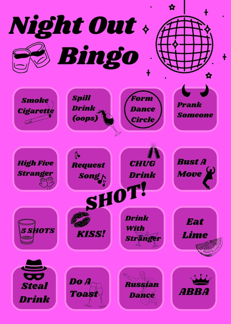 Night Out Bingo | Fun Bingo | Bingo Card - Etsy