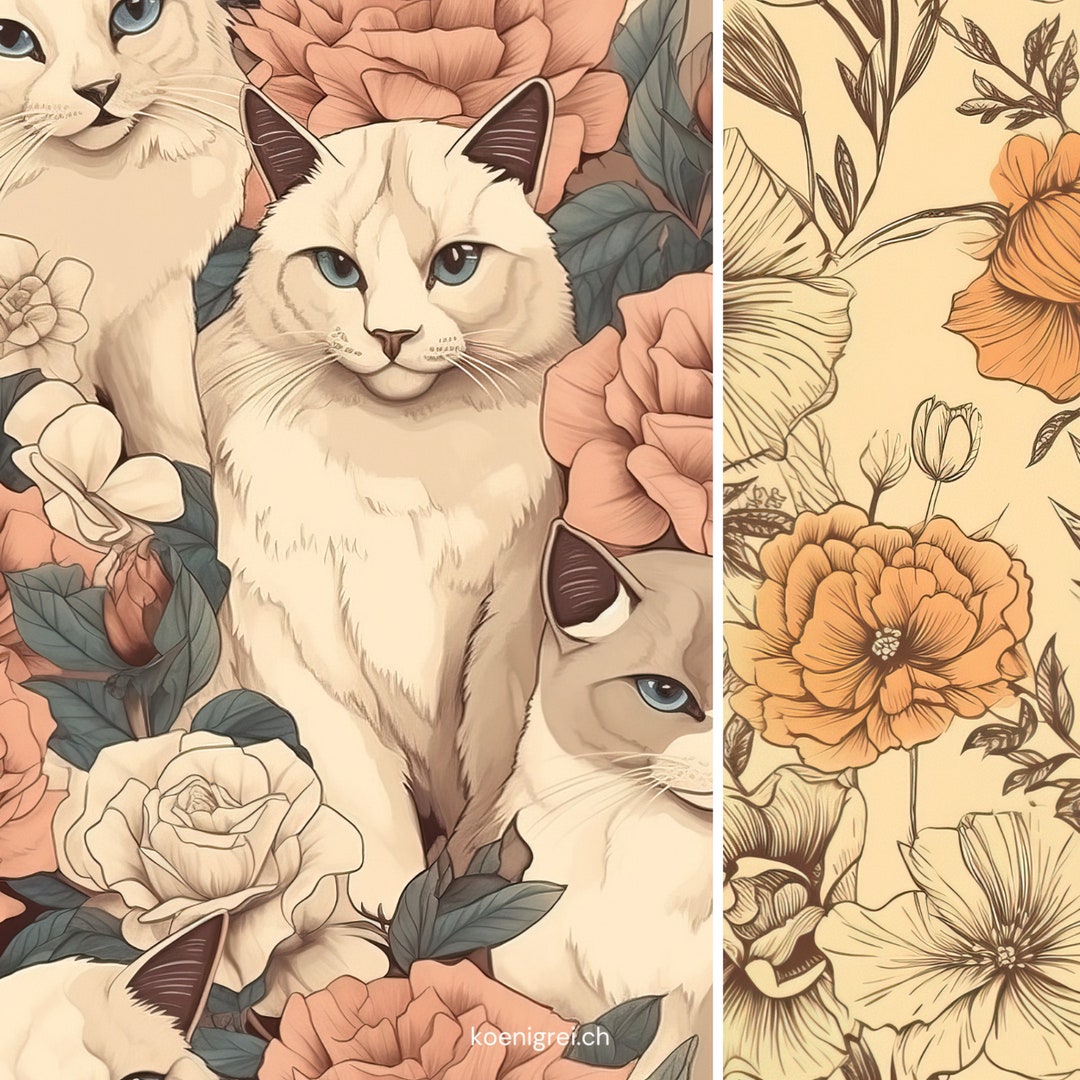 20 SEAMLESS Floral Patterns, Cats, Illustrated, Beige, Fall Flowers ...