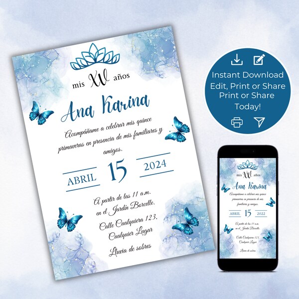 Quinceanera Invitation Template With Blue Butterflies, Mis Quince 15 ...