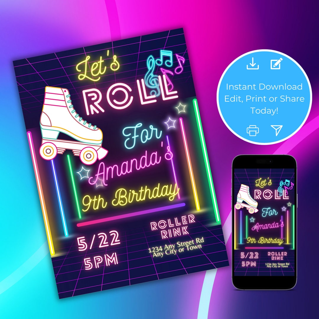 Roller Skating Birthday Invitation, Skate Party, Editable & Printable ...