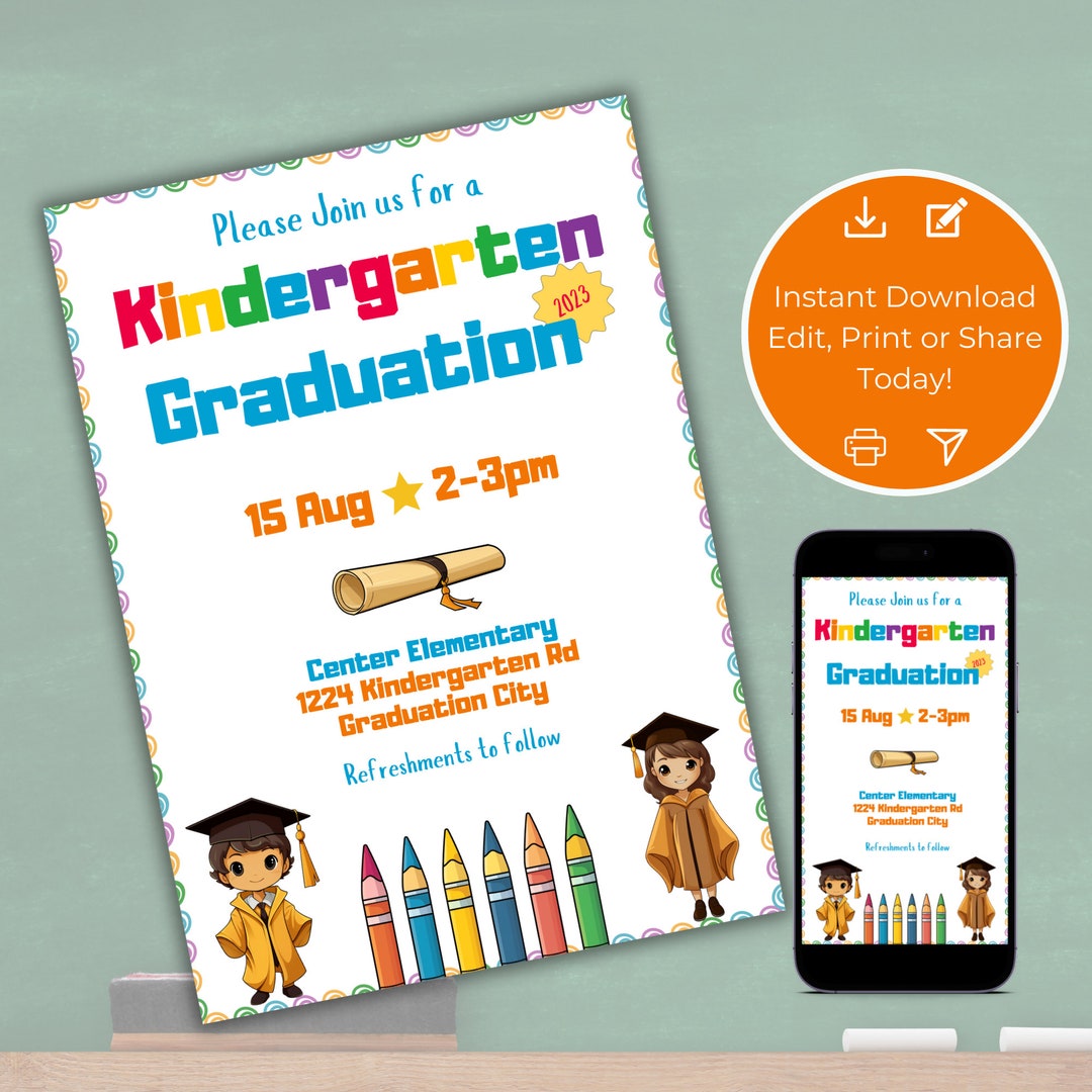 Kindergarten Graduation Invitation, Teacher or Parent Editable Template ...