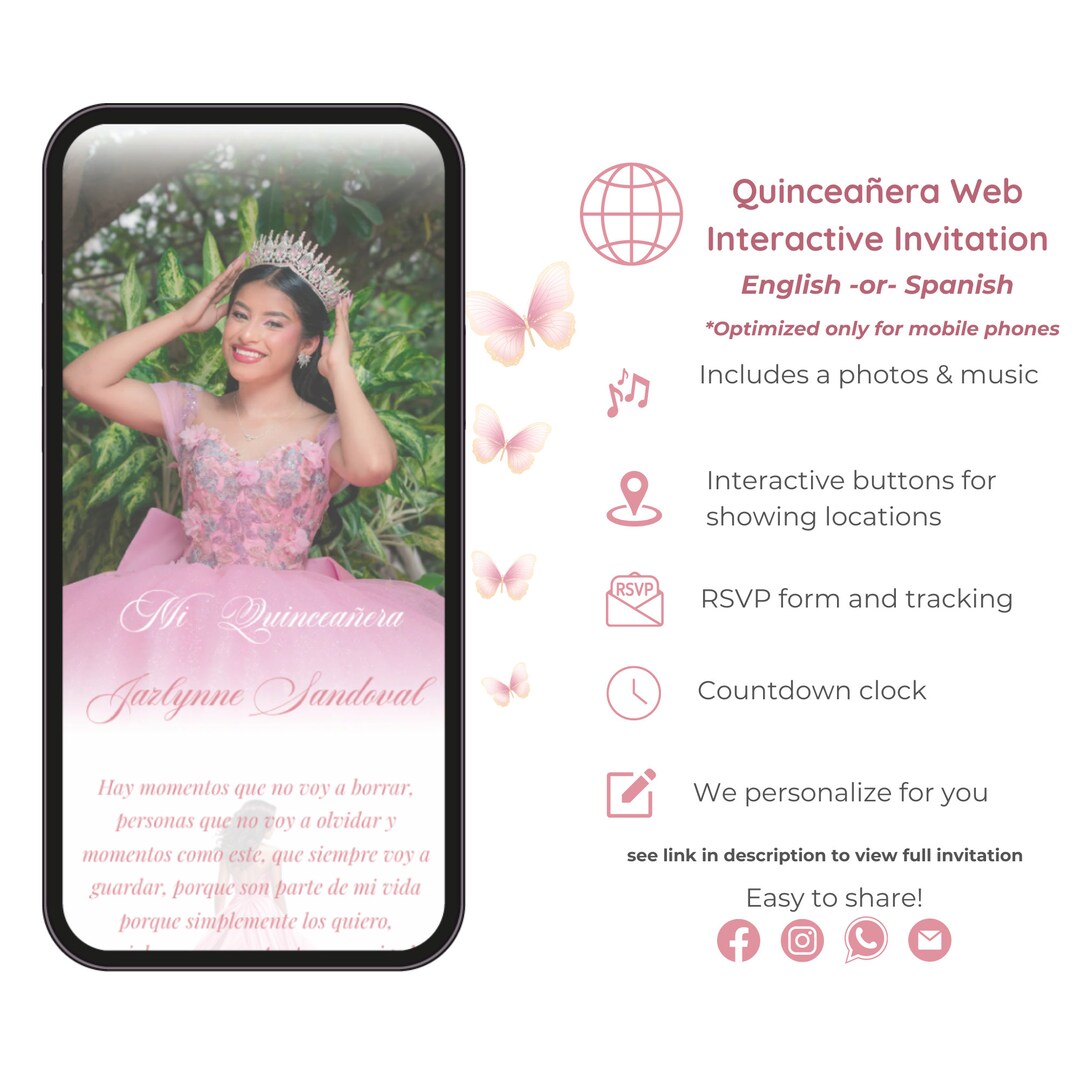 Web Quinceañera Invitation, Interactive Pink Web Invite for Mis Quince ...
