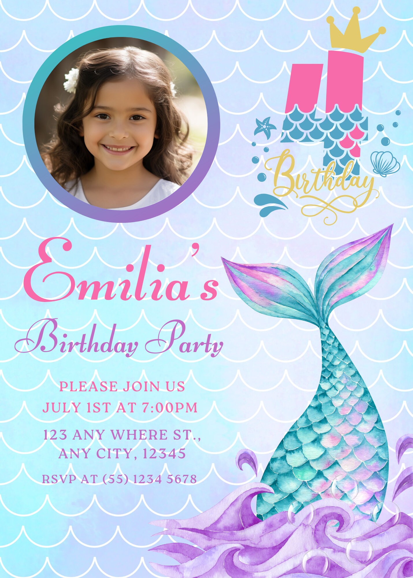Mermaid 4th Birthday Invitation Template With Photo Editable - Etsy