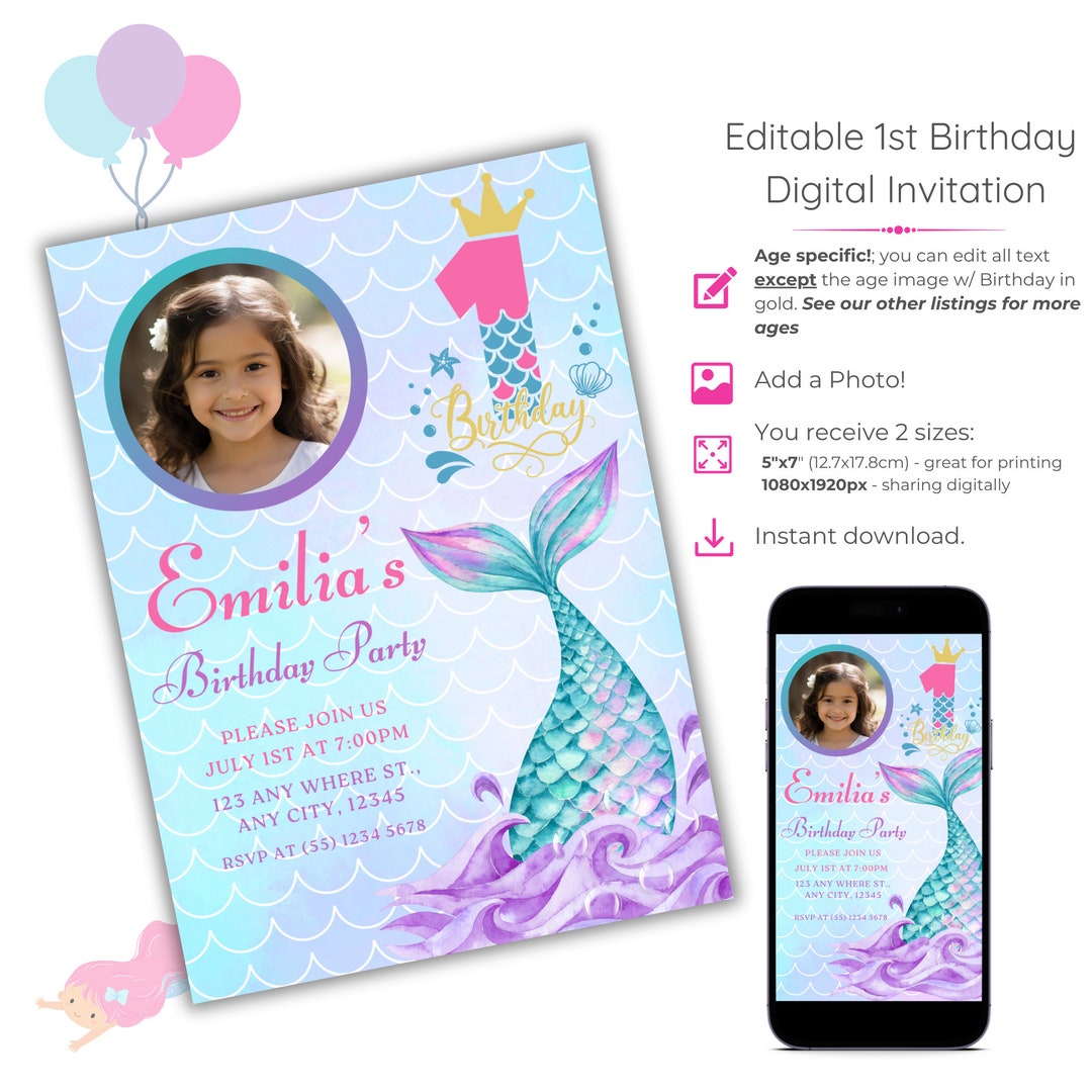 Mermaid 1st Birthday Invitation Template With Photo, Editable Colorful ...