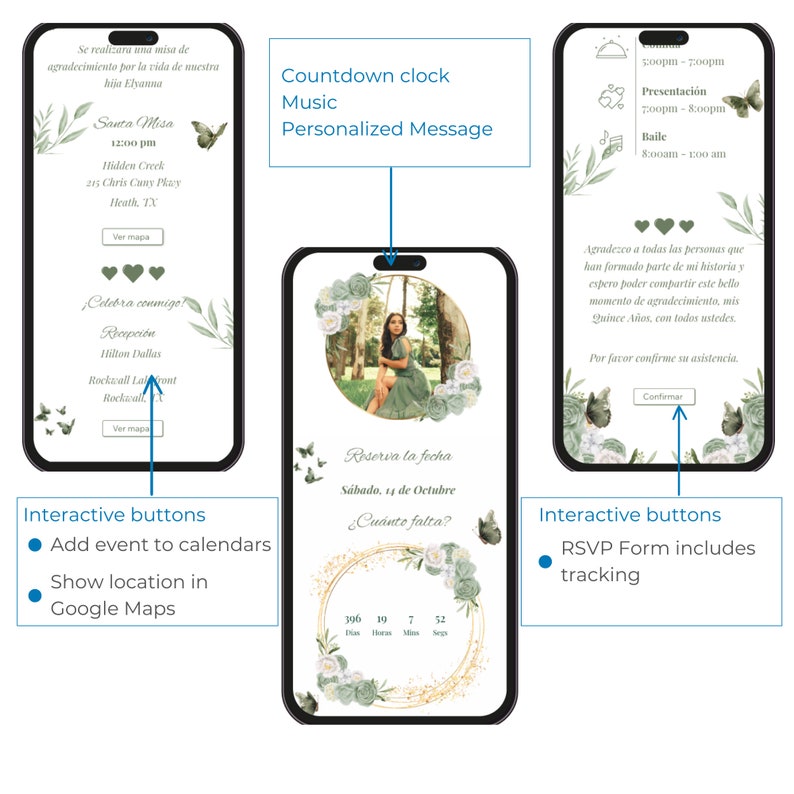 Sage Green Quinceañera Web Invitation: Interactive RSVP Tracking - Etsy
