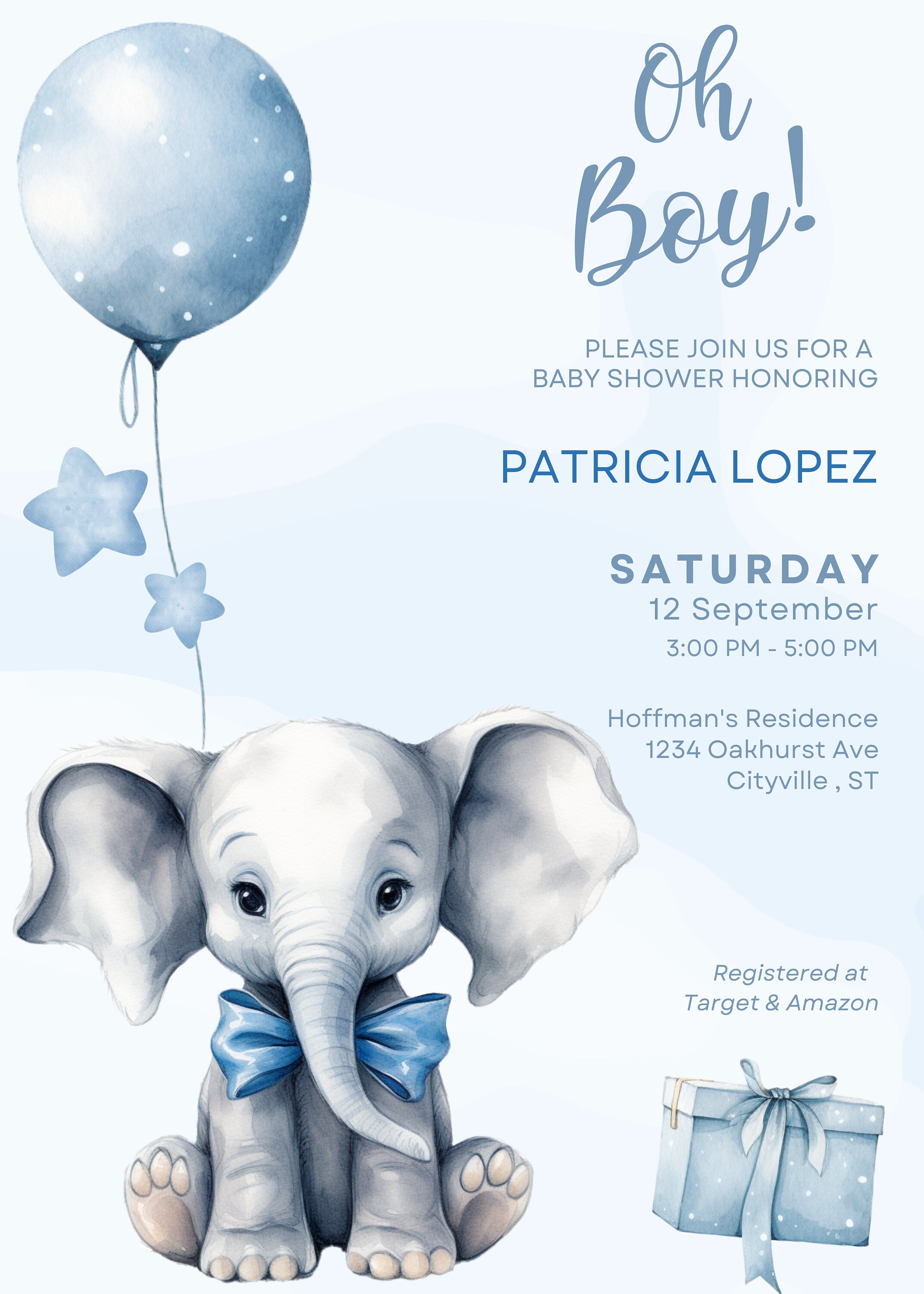Editable Elephant Baby Shower Invitation With Thank You Card, Blue Boy ...