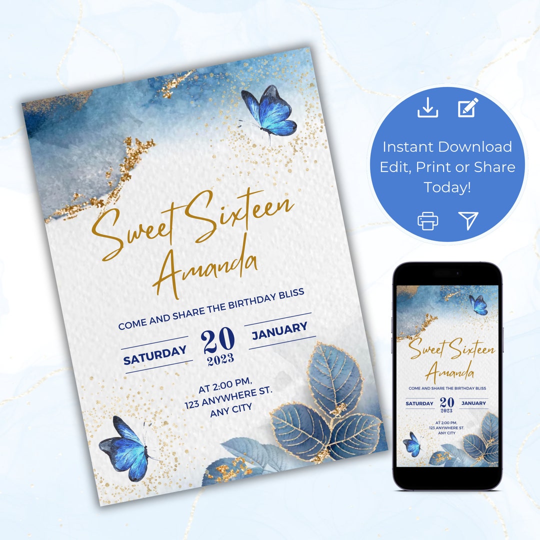 Celeste Blue Sweet 16 Invitation, 16th Birthday Editable Invite, Sweet ...