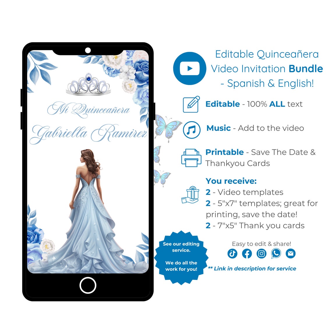 Celeste Blue Video Quinceañera Invitation Bundle, Sapphire Mis Quince ...
