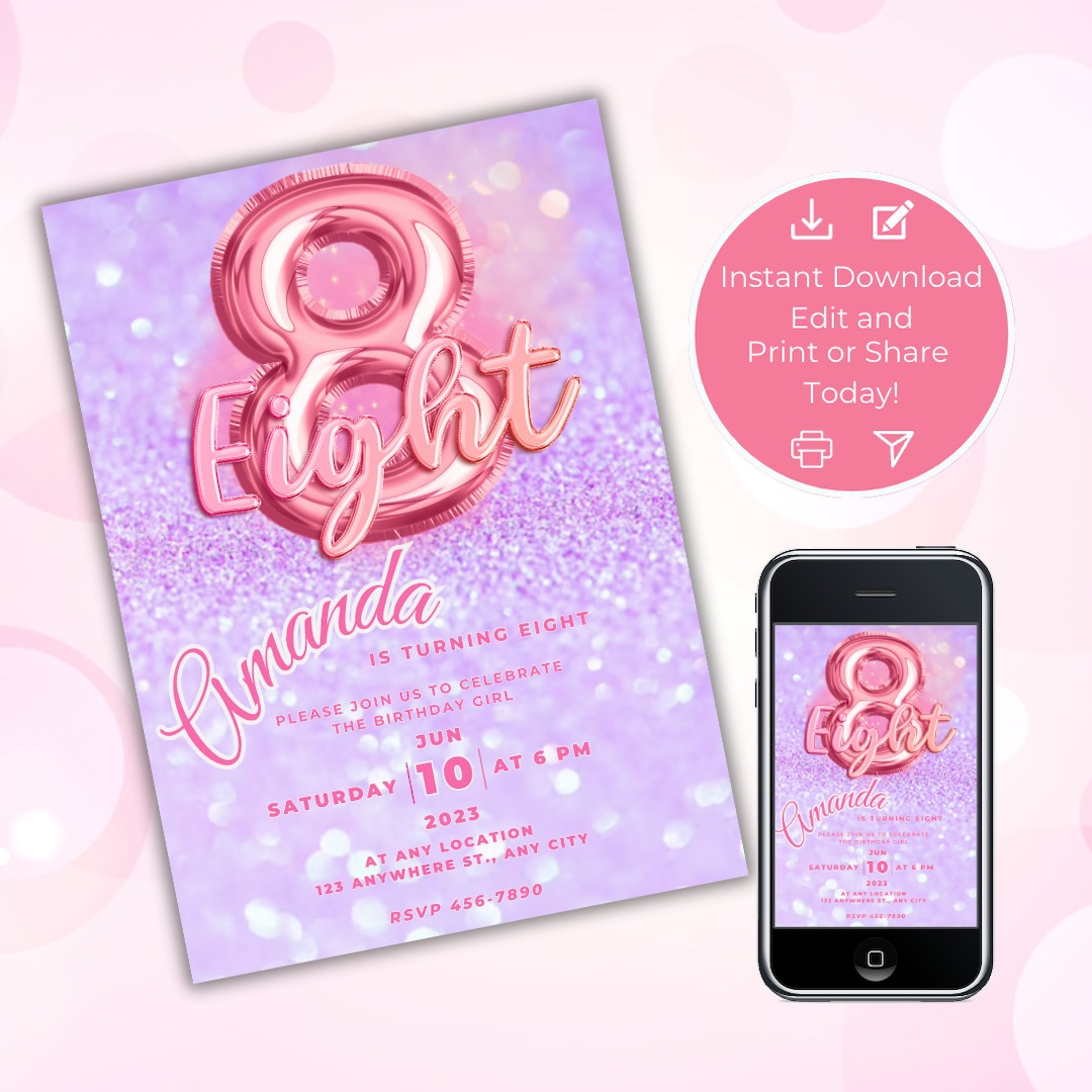 Editable Pink 8th Birthday Invitation: Glitter Party (digital Download ...