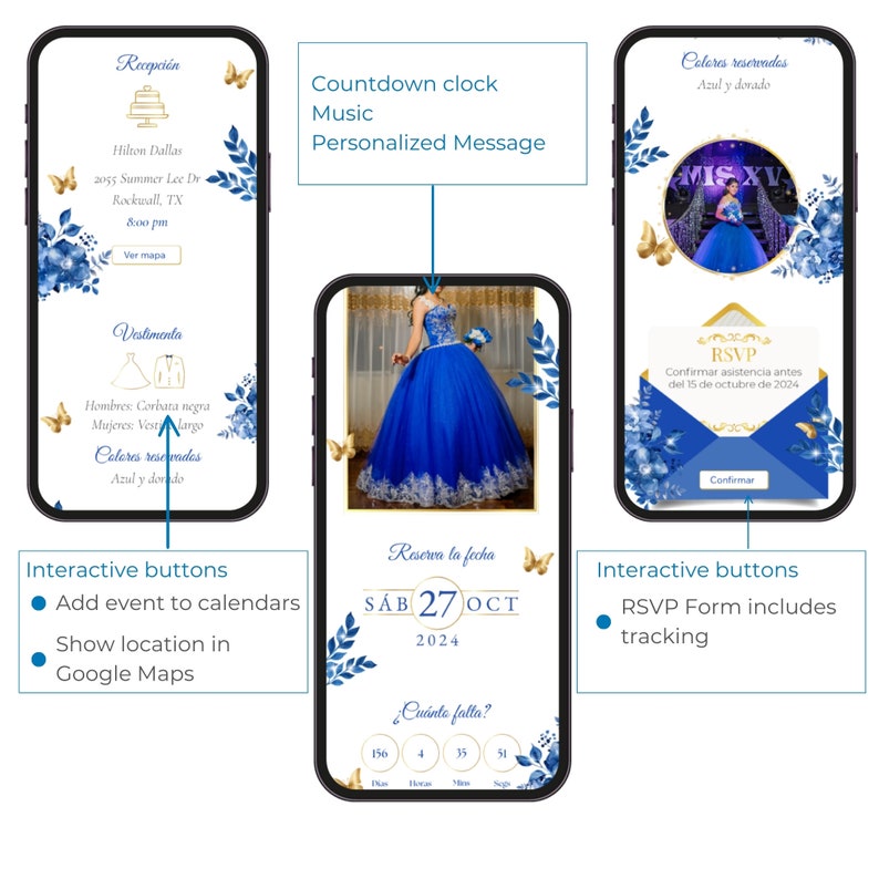 Web Quinceañera Invitation, Interactive Blue Web Invite for Mis Quince ...