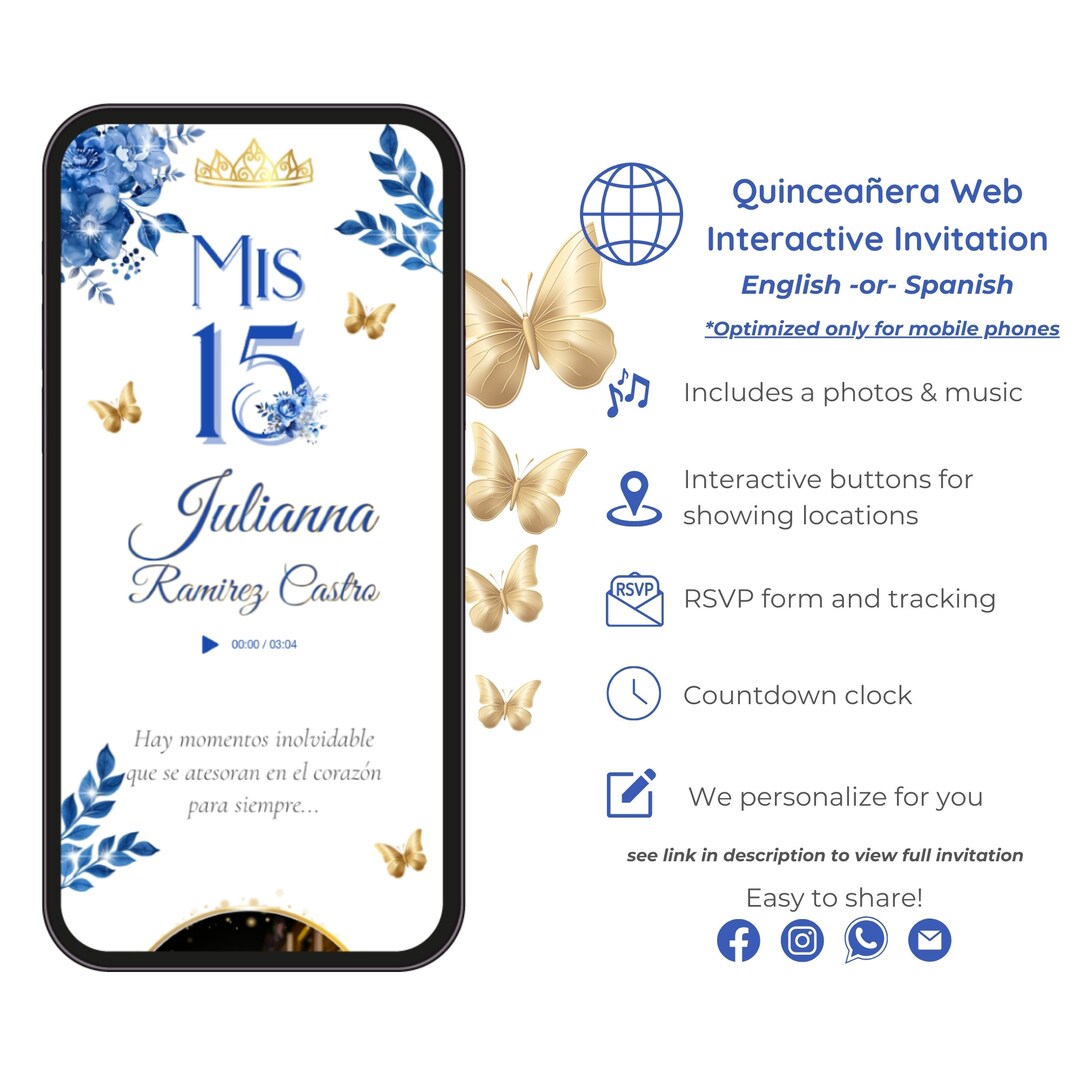 Web Quinceañera Invitation, Interactive Blue Web Invite for Mis Quince ...