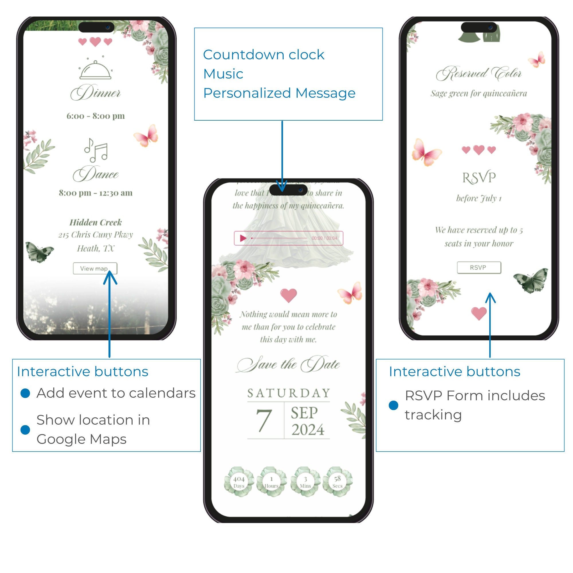 Interactive Quinceañera Web Invitation: Sage & Pink, RSVP Tracking - Etsy