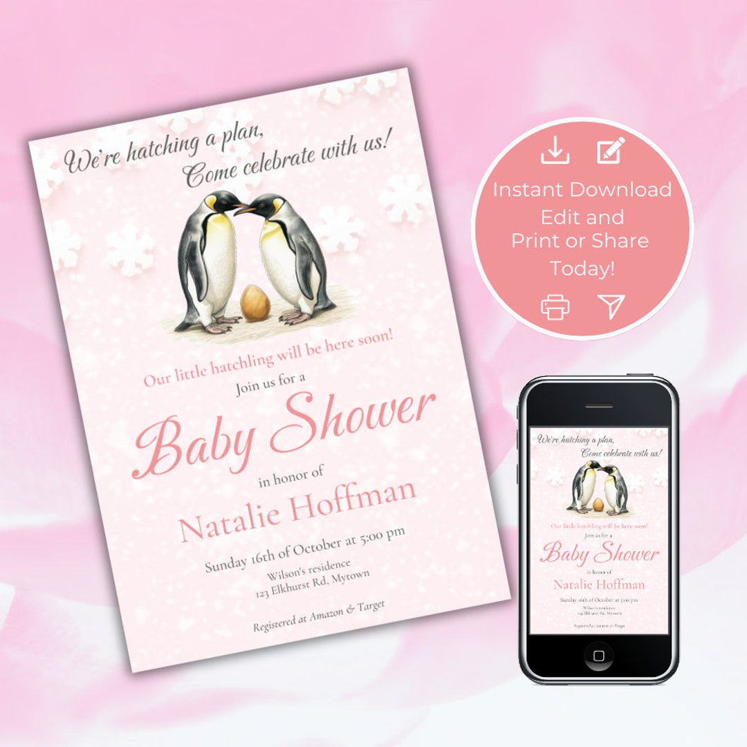 Editable Penguin Baby Shower Invitation, Pink Girl Boho Penguin Baby ...