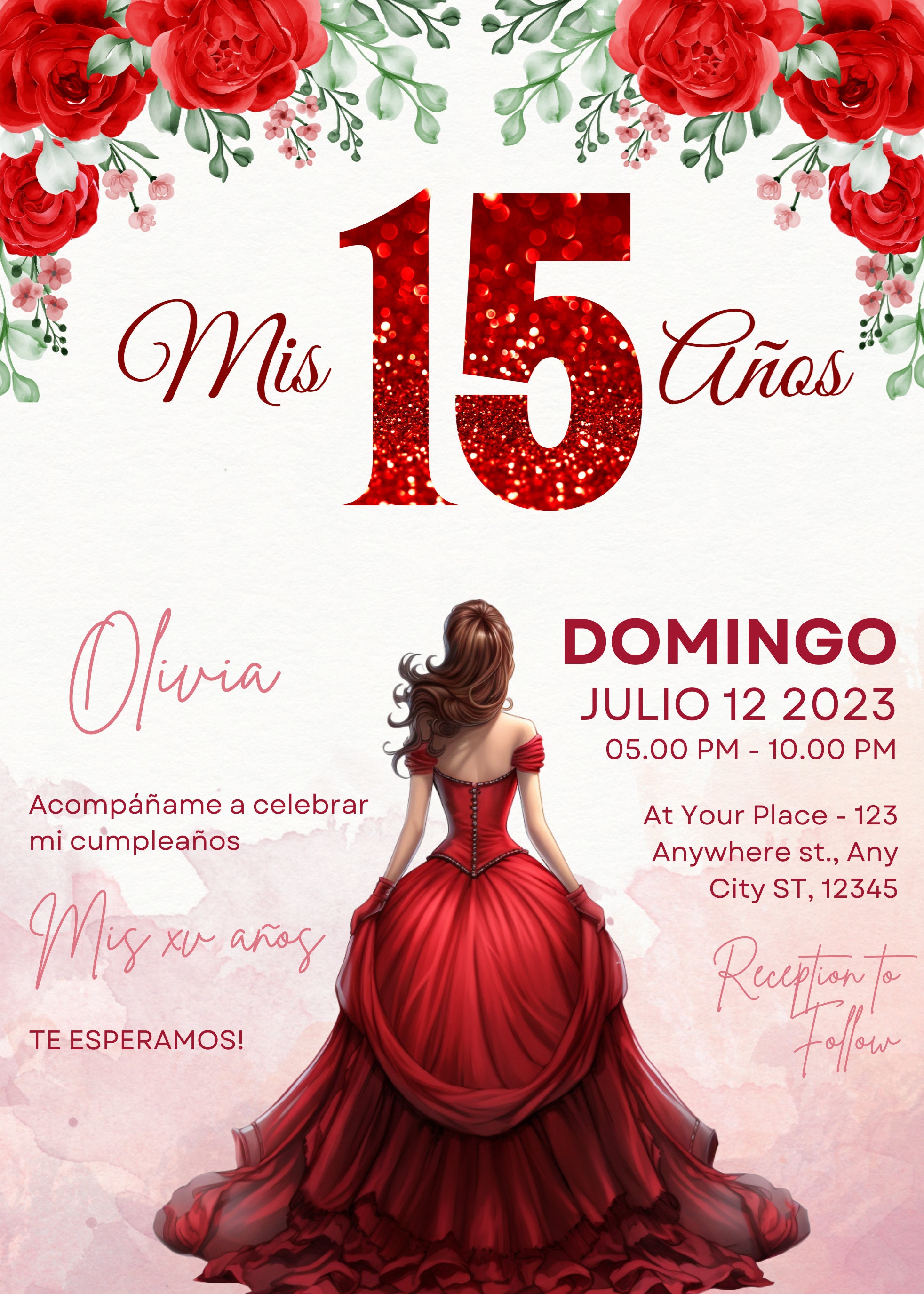 Plantilla de invitación de quinceañera de princesa roja: editable, 5x7 ...