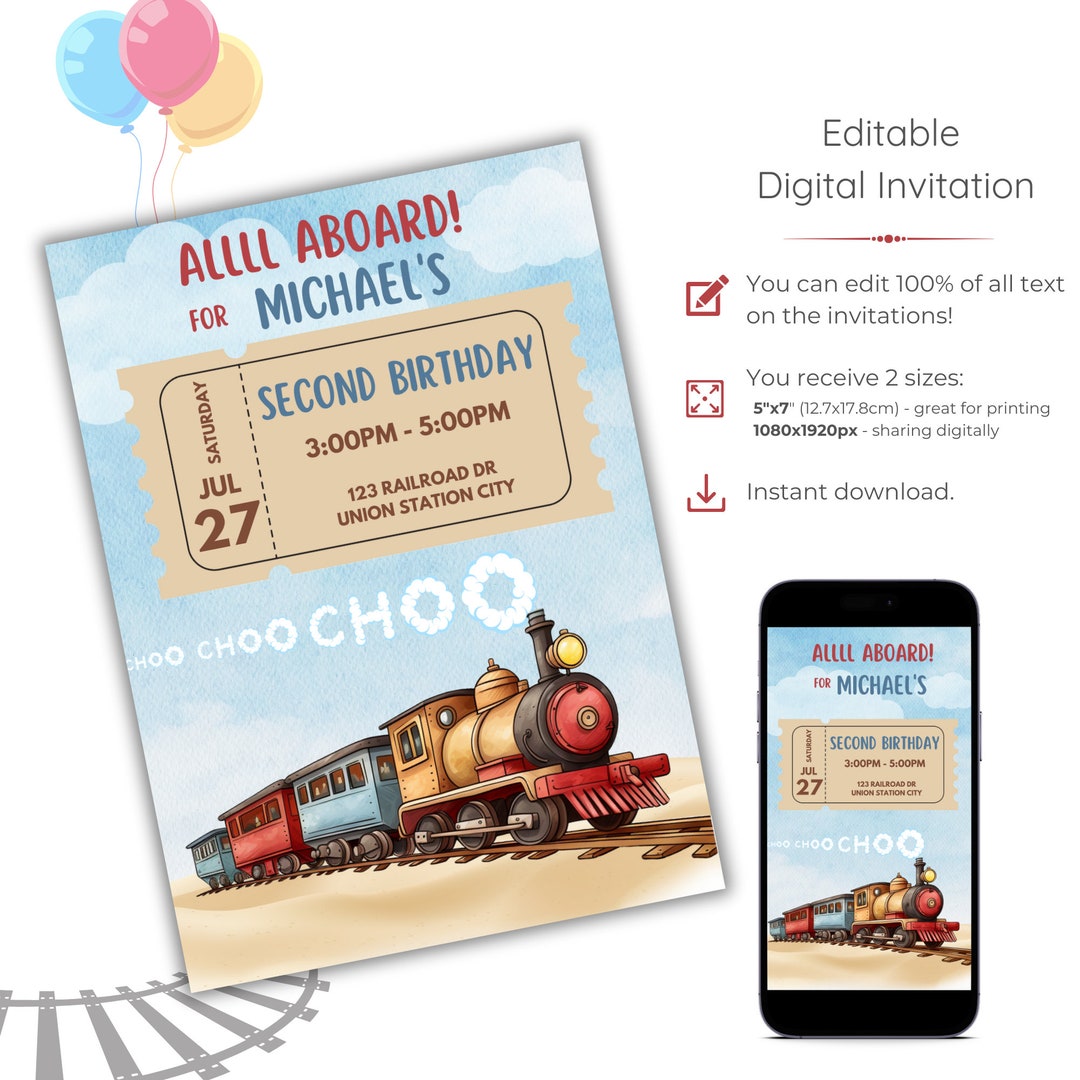 Train Birthday Invitation Template: Editable All Aboard Design (digital ...