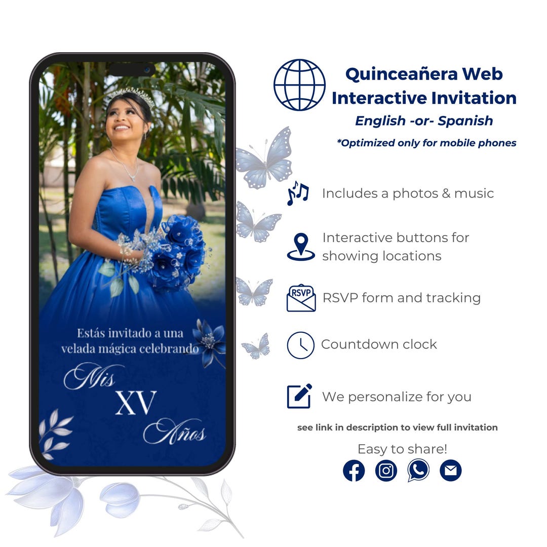 Web Quinceañera Invitation, Interactive Royal Blue Web Invite for Mis ...
