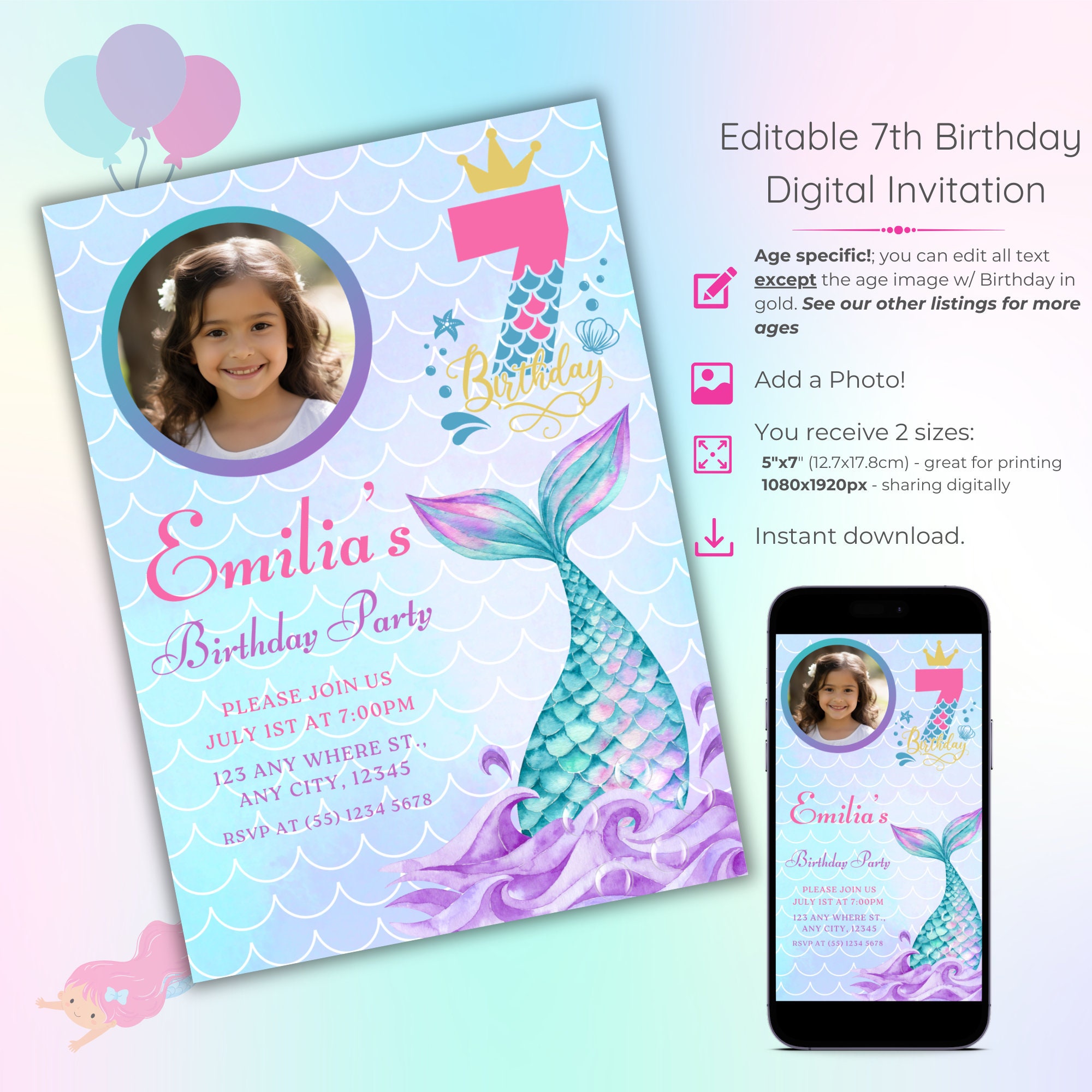 Mermaid 7th Birthday Invitation Template: Photo, Editable (digital ...