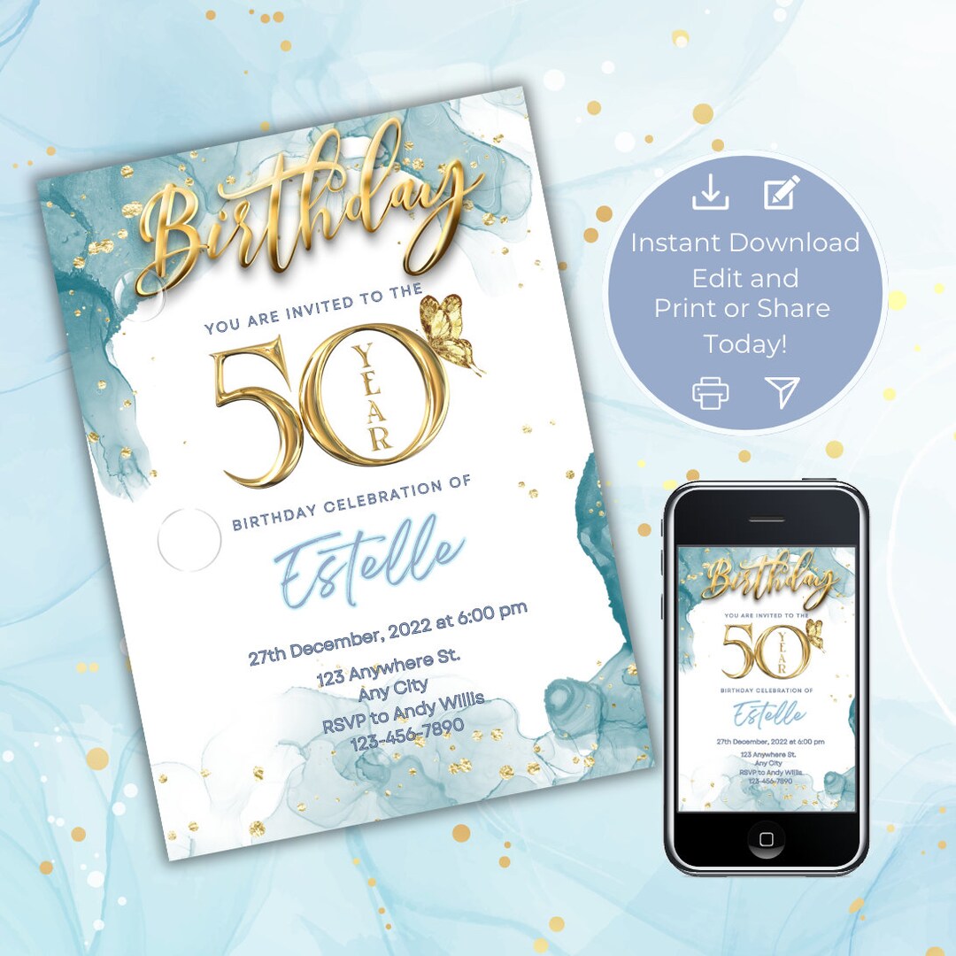 50th Birthday Party Invitation, Editable Invitation, Printable Template ...