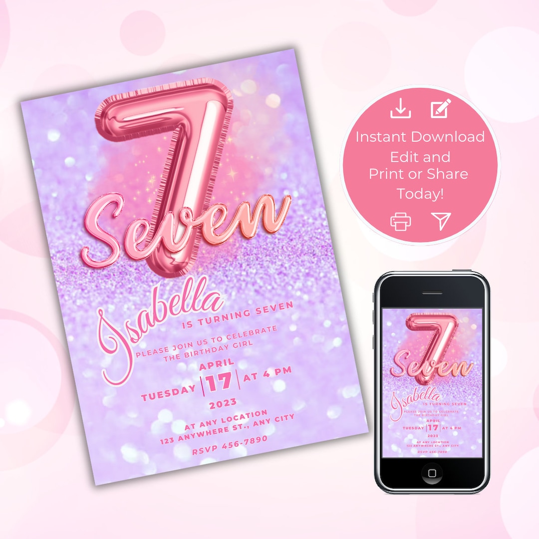 Girl's 7th Birthday Invitation, Pink Glitter, Princess Party, Editable ...