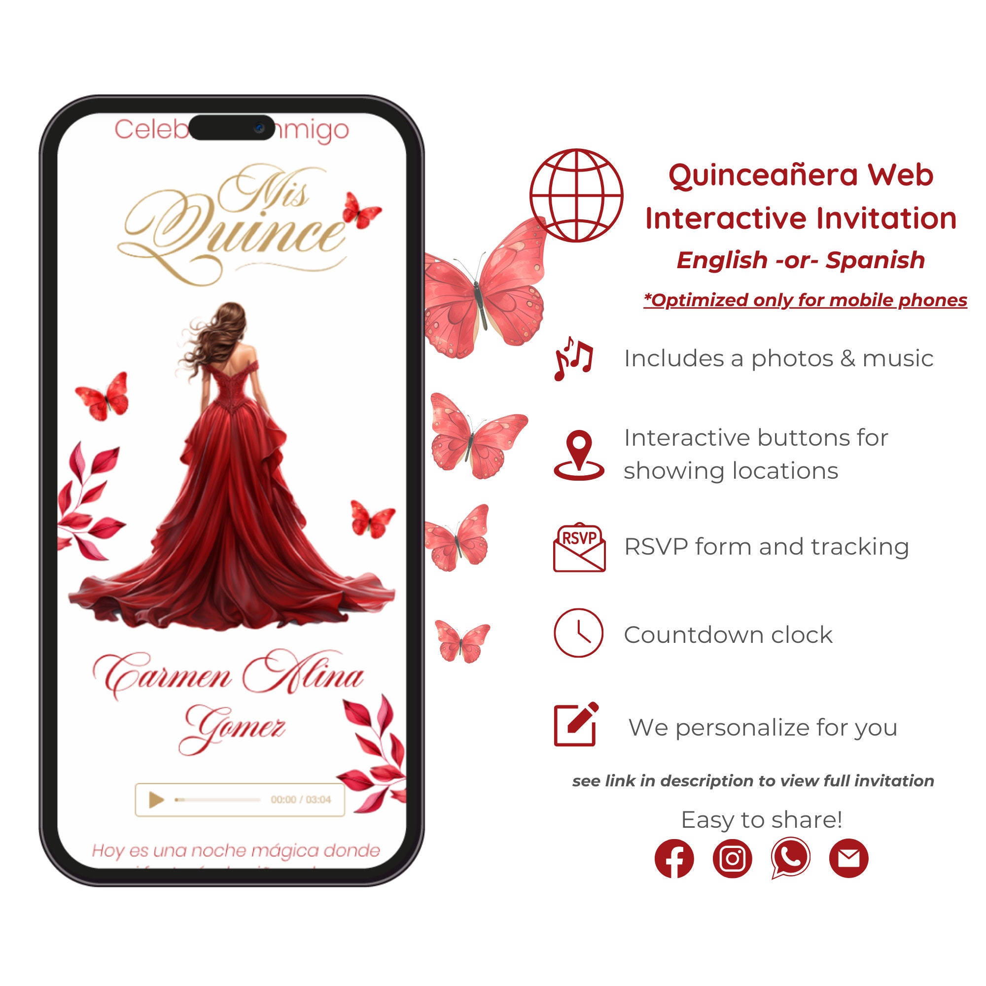 Web Quinceañera Invitation, Interactive Red & Gold Web Invite for Mis ...