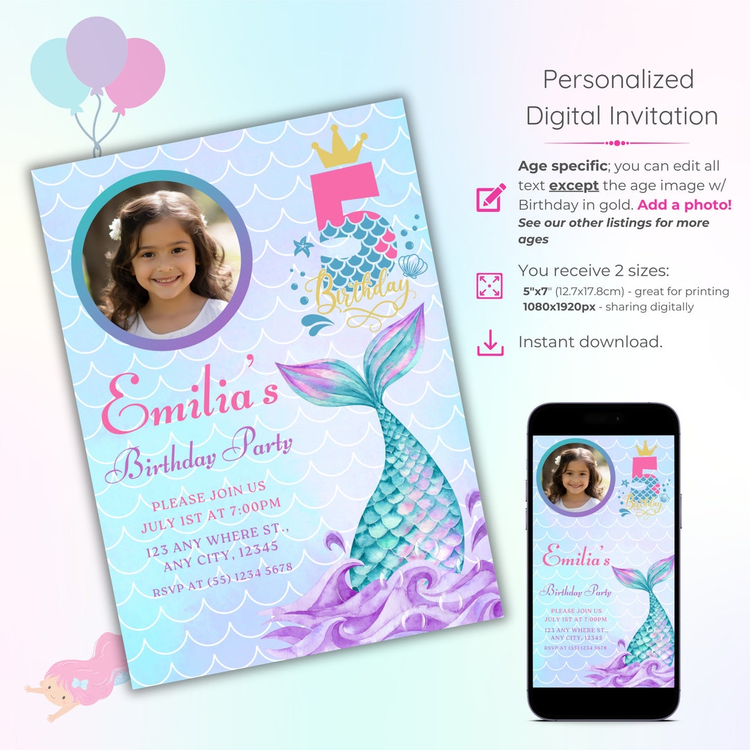 Mermaid 5th Birthday Invitation With Photo Editable Mermaid - Etsy