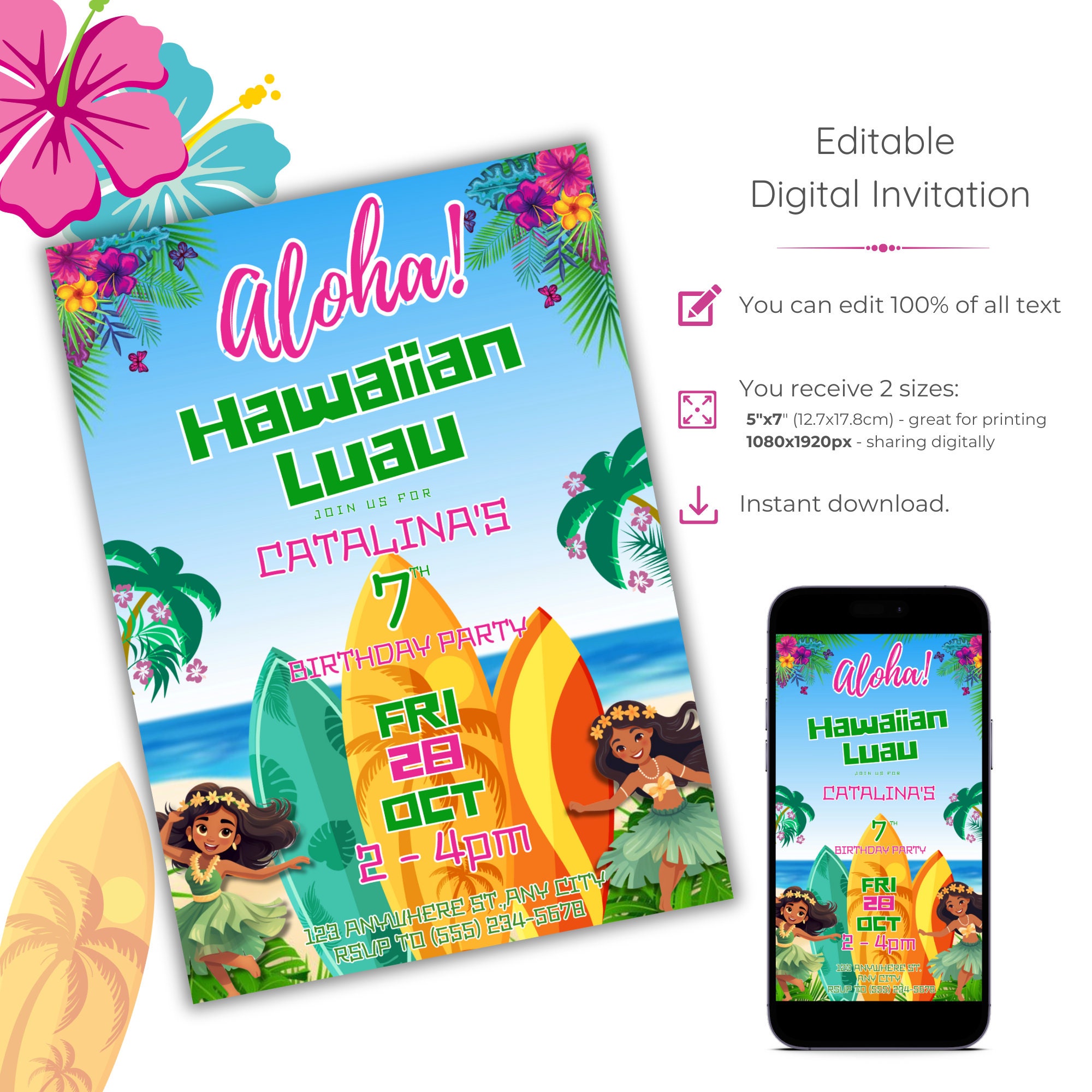 Editable Luau Birthday Invitation, Printable Hawaiian Party Invite ...